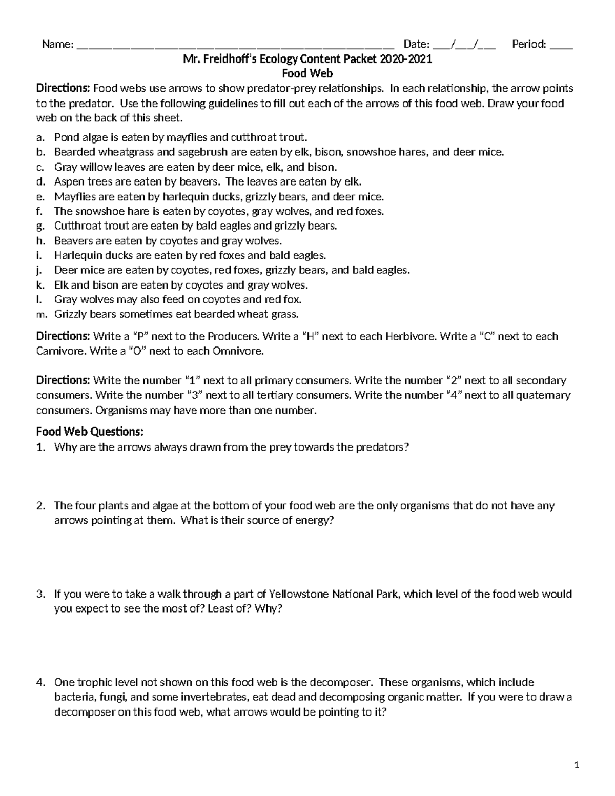 Ecology Packet - Student - Content by Keefer Freidhoff 4-21 - Name ...