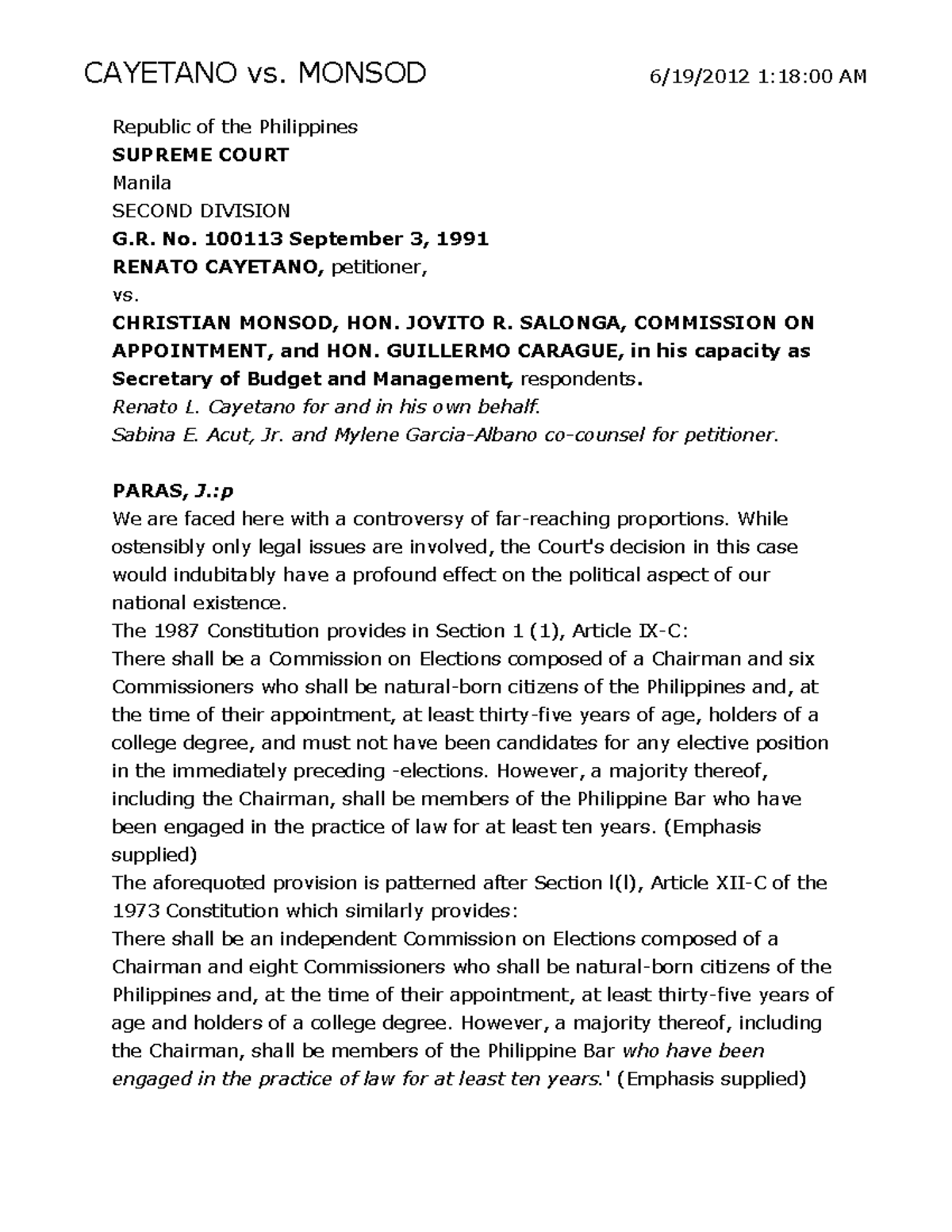 Cayetano vs. monsod full - CAYETANO vs. MONSOD 6/19/2012 1:18:00 AM ...