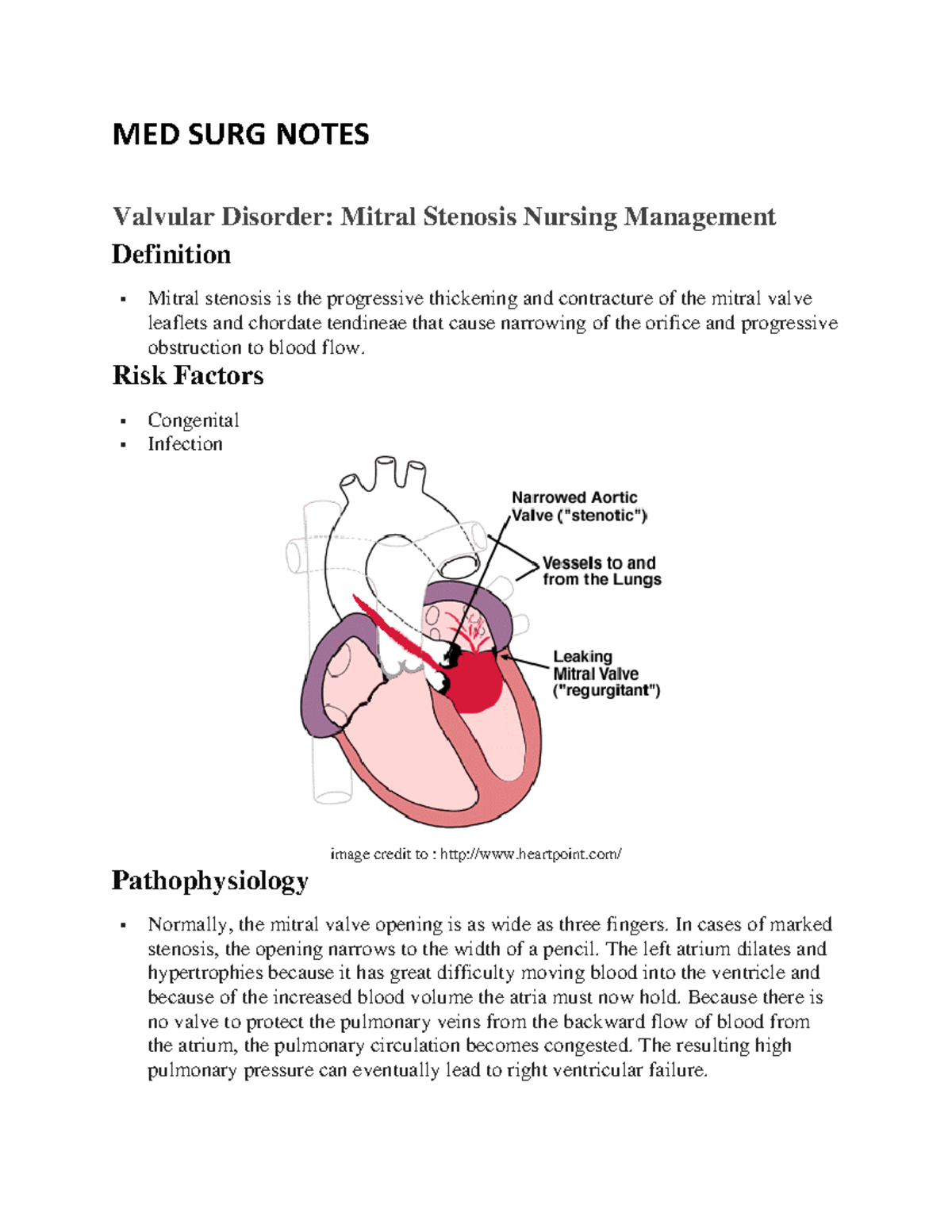 MED SURG Notes - MED SURG NOTES Valvular Disorder: Mitral Stenosis ...