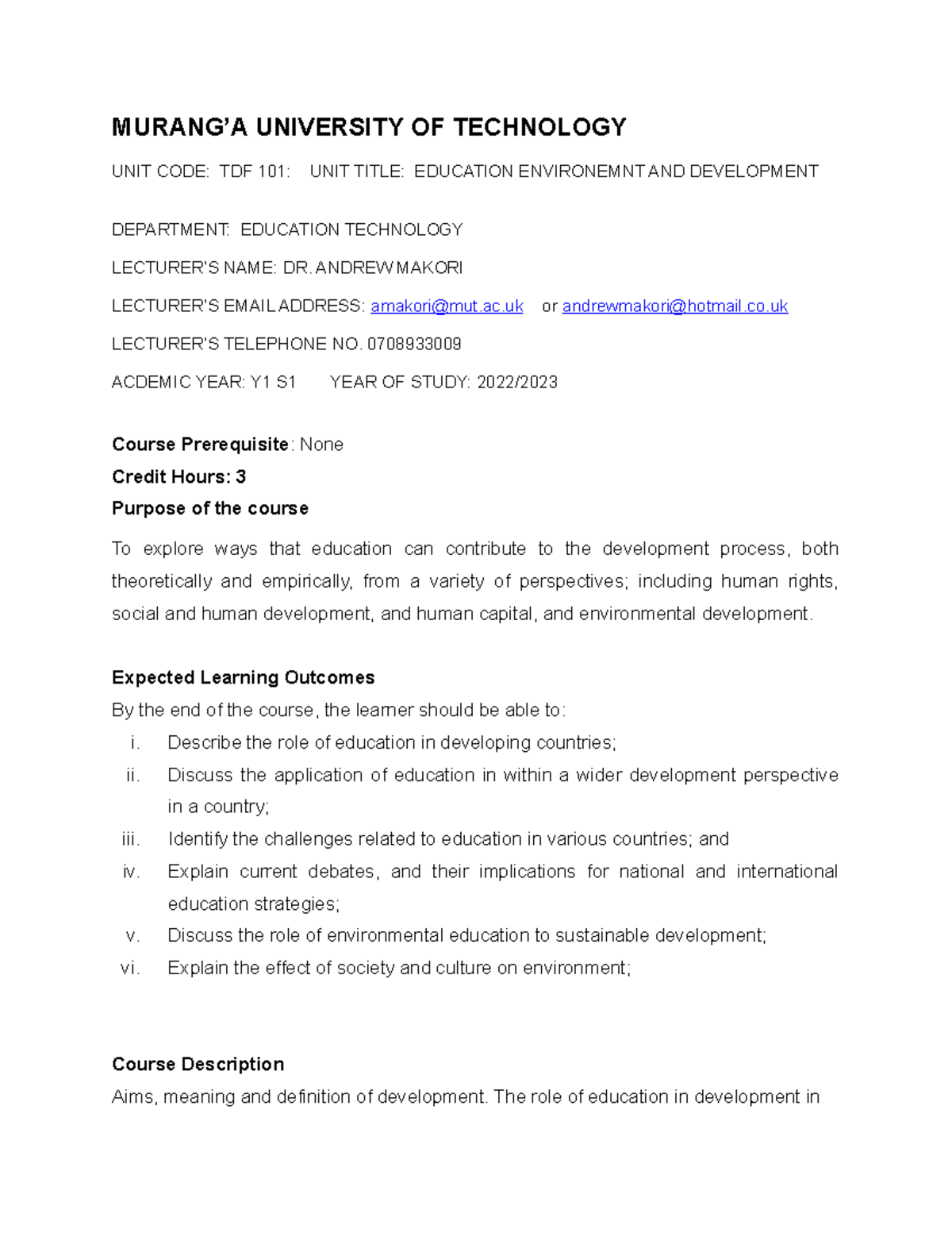 Education Environment and Development(Course outline)(2022-2023 ...