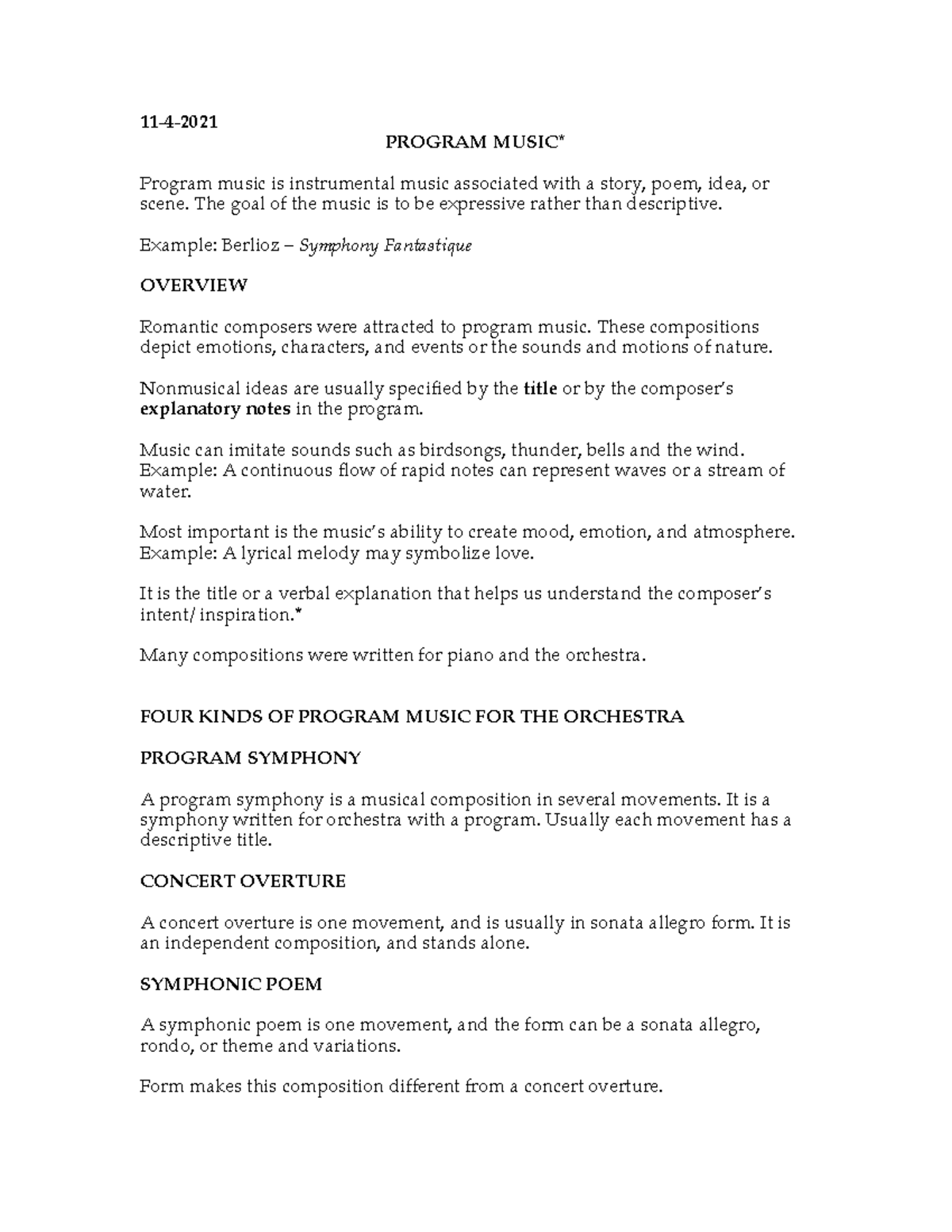 Notes 4-7-22 Romantic-Program Music - 11-4- PROGRAM MUSIC* Program ...