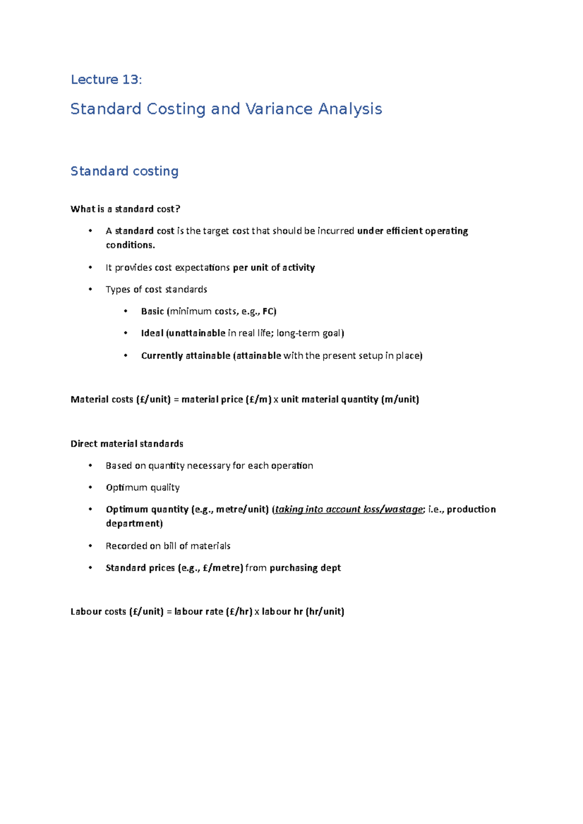 Lecture 13 - Standard Costing and Variance Analysis - Lecture 13 ...