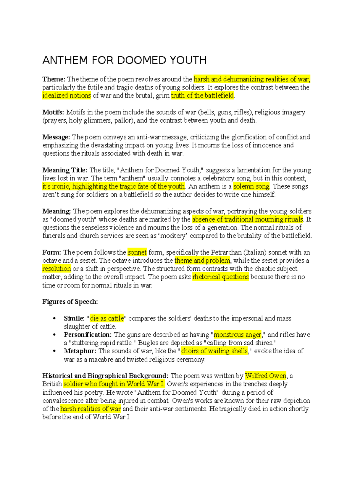 Teksten Engels mondeling - ANTHEM FOR DOOMED YOUTH Theme: The theme of ...