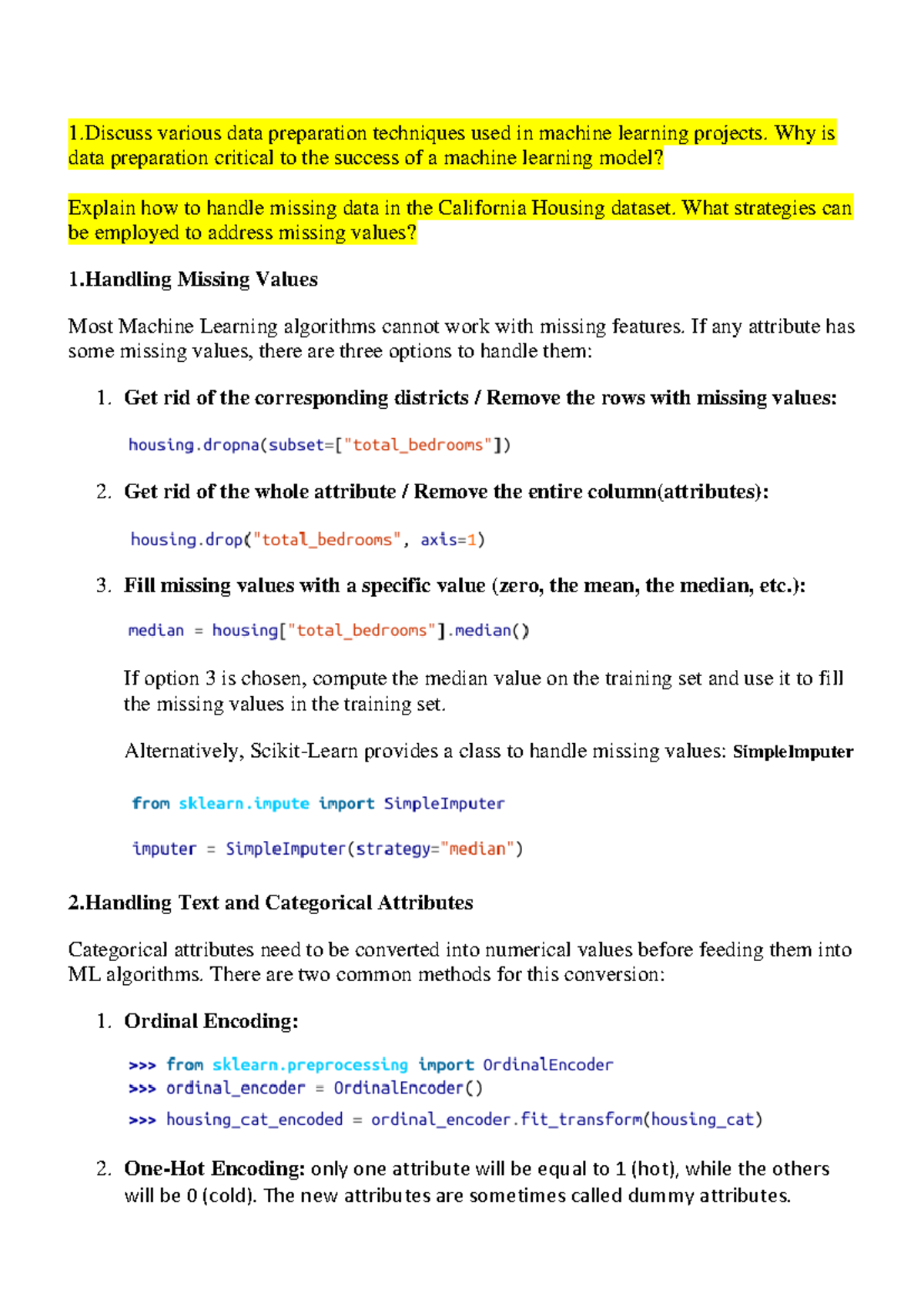Ia2 - Internals question bank for module 2 - 1 various data preparation techniques used in ...