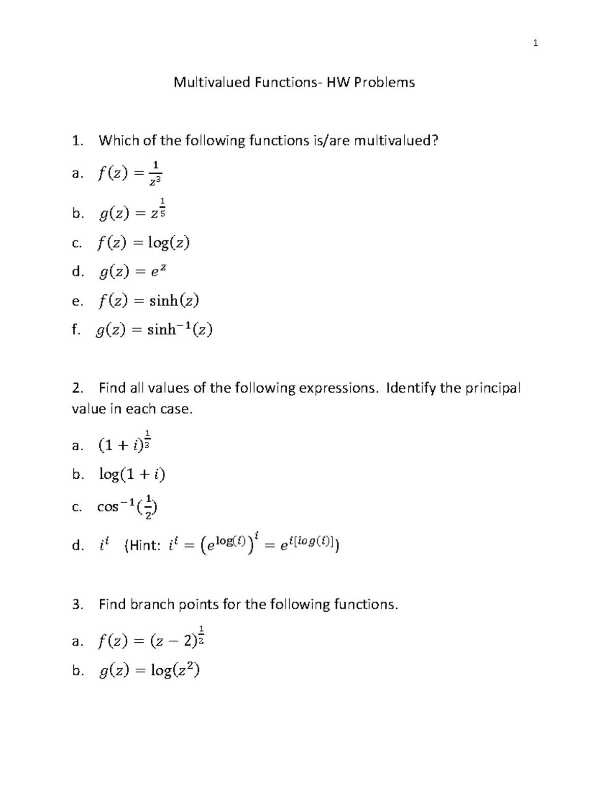 Multivalued Functions hw - 1 Multivalued Functions- HW Problems Which of the following functions ...