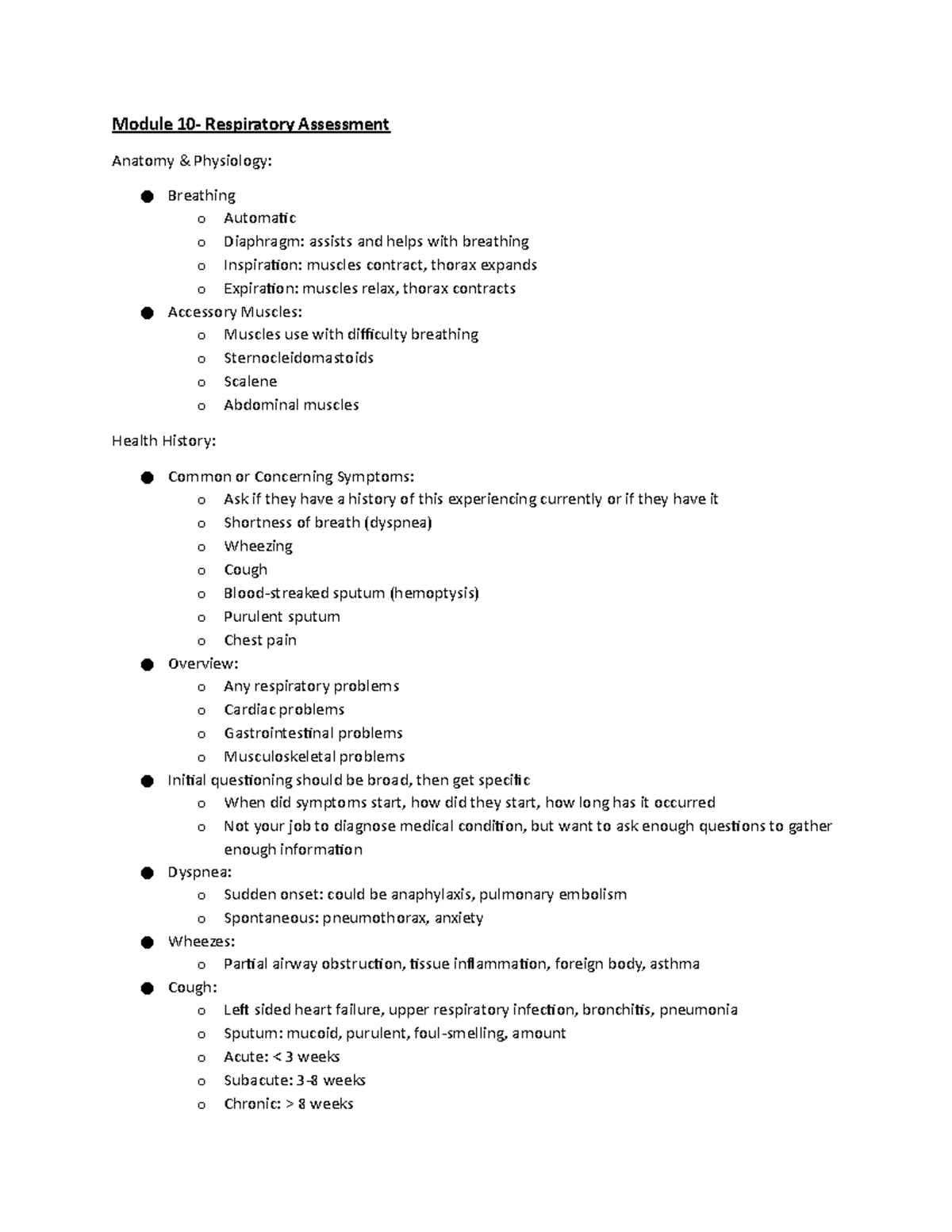 Module 10 Respiratory notes - Module 10- Respiratory Assessment Anatomy ...