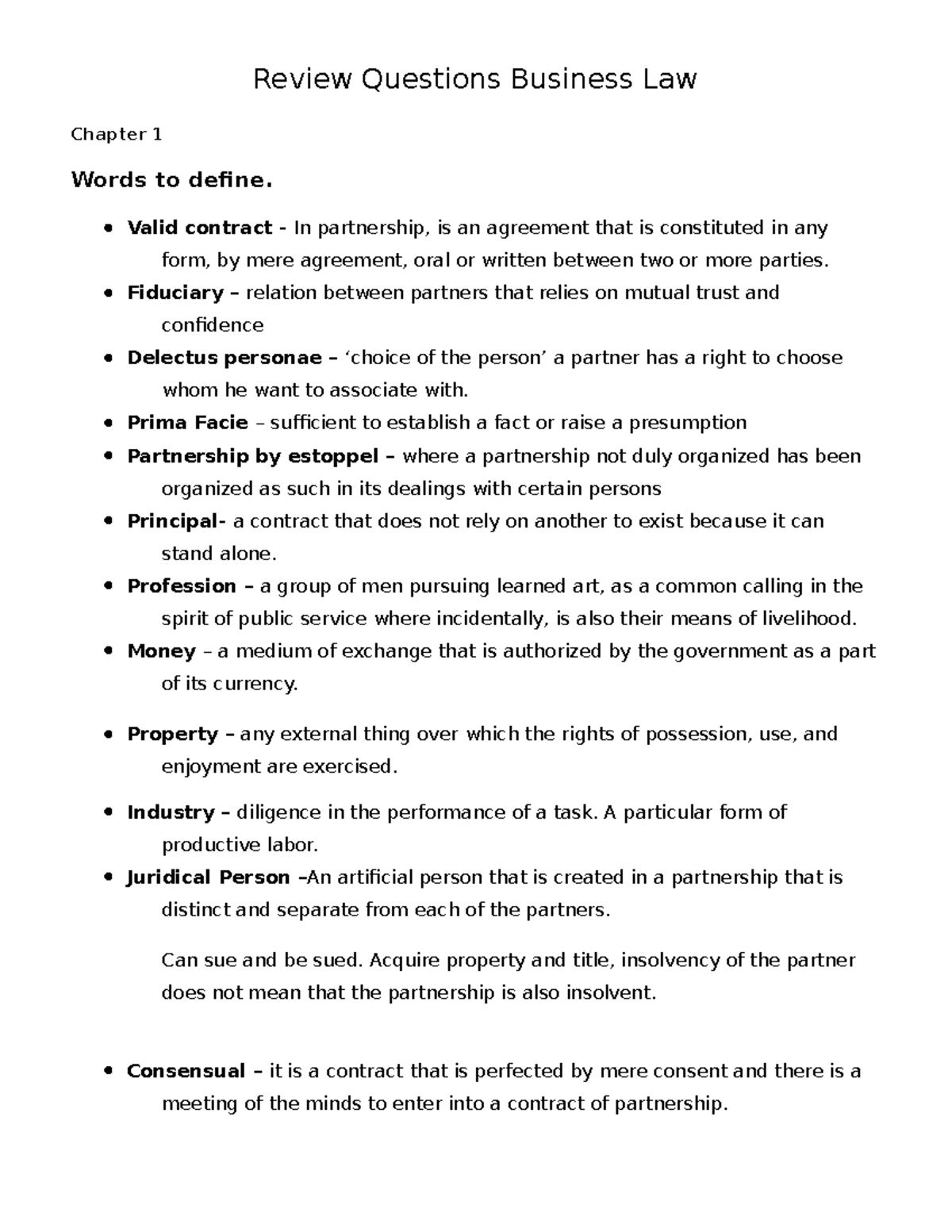 Business Law Reviewer - Review Questions Business Law Chapter 1 Words ...