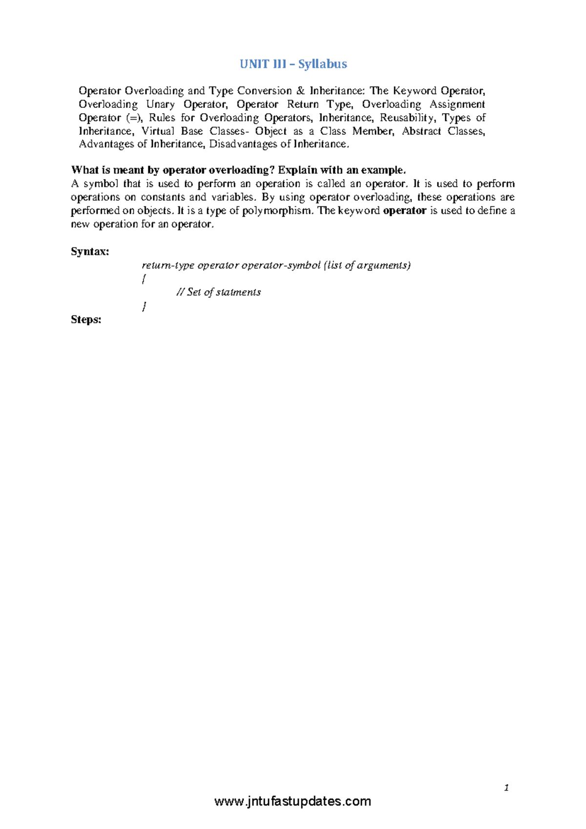 Jntuk 2 1 Oopt C Unit 3 1 Unit Iii Syllabus Operator Overloading And Type Conversion 9619