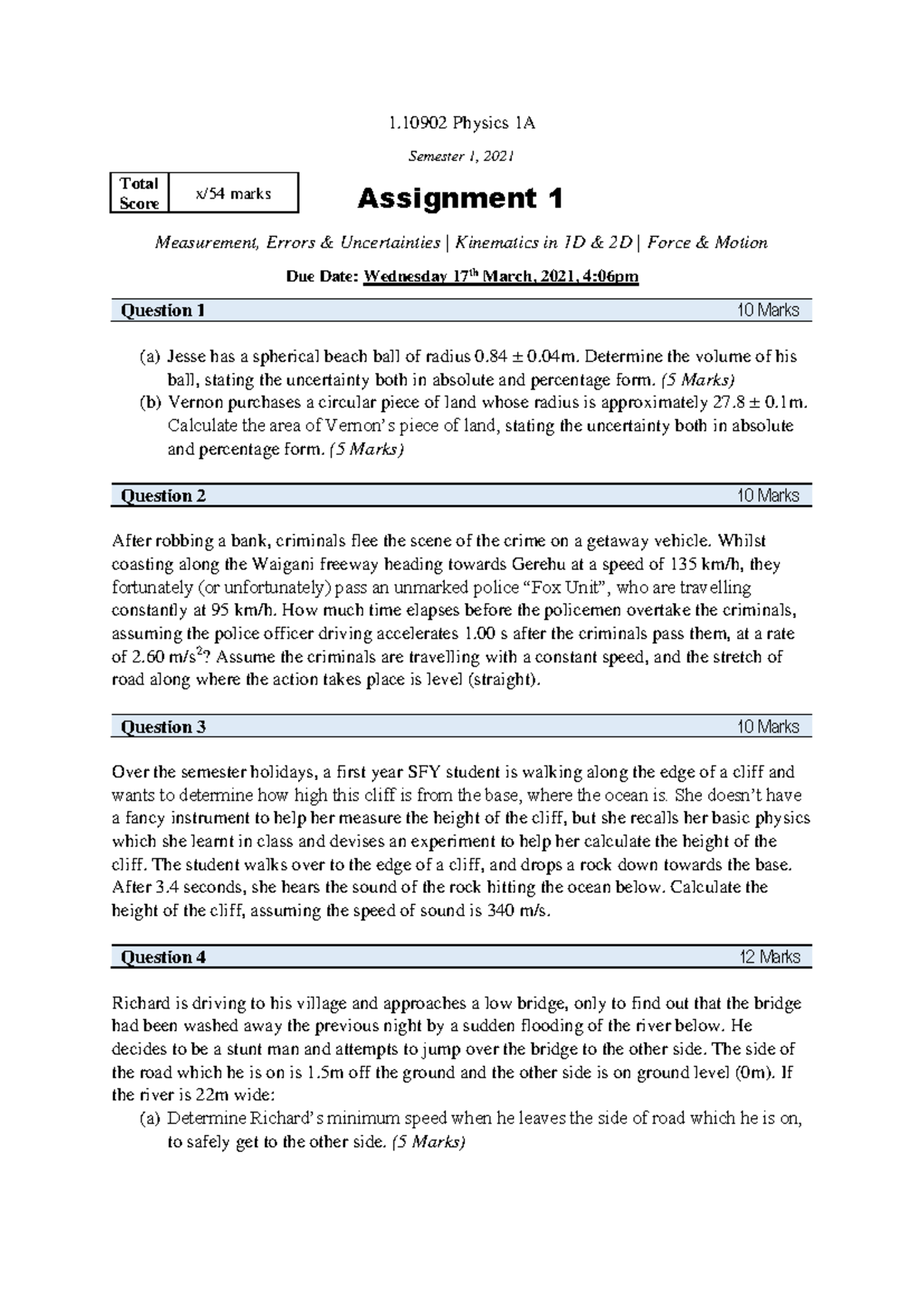 Assignment 1 Physics 1A 2021 - 1 Physics 1A Semester 1, 2021 Assignment 1 Measurement, Errors ...