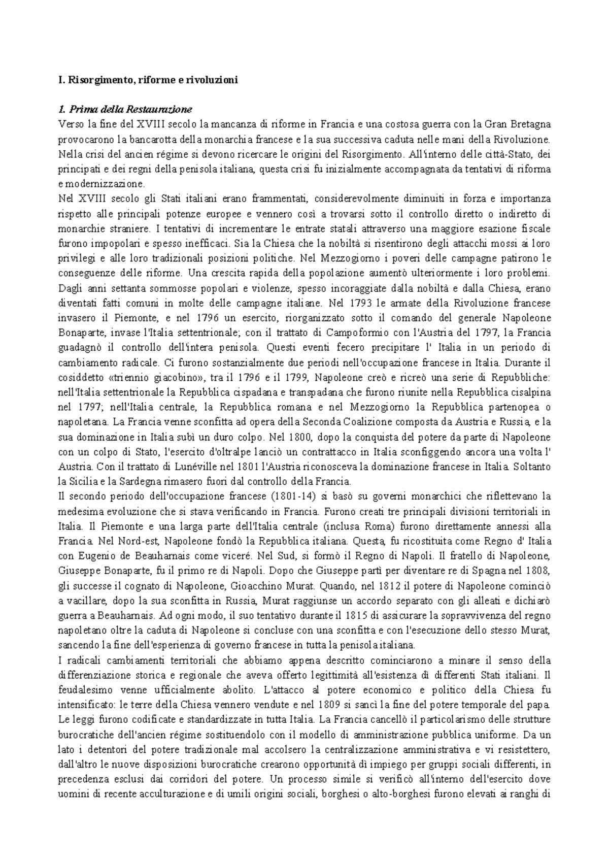 Riassunti - Lucy Riall - Il Risorgimento - I. Risorgimento, riforme e ...