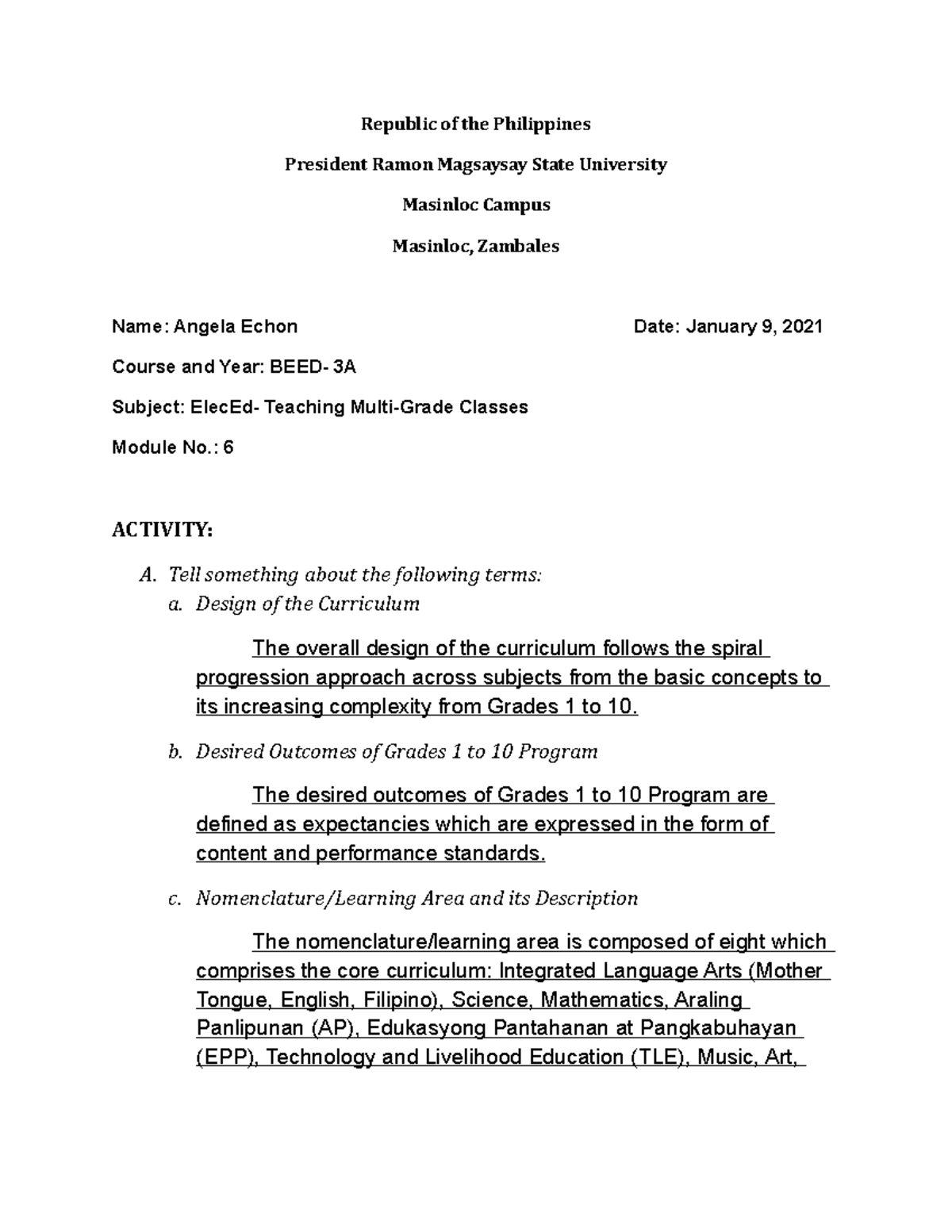 Echon Angela BEED 3A Multi Grade Module 6 - Republic of the Philippines ...