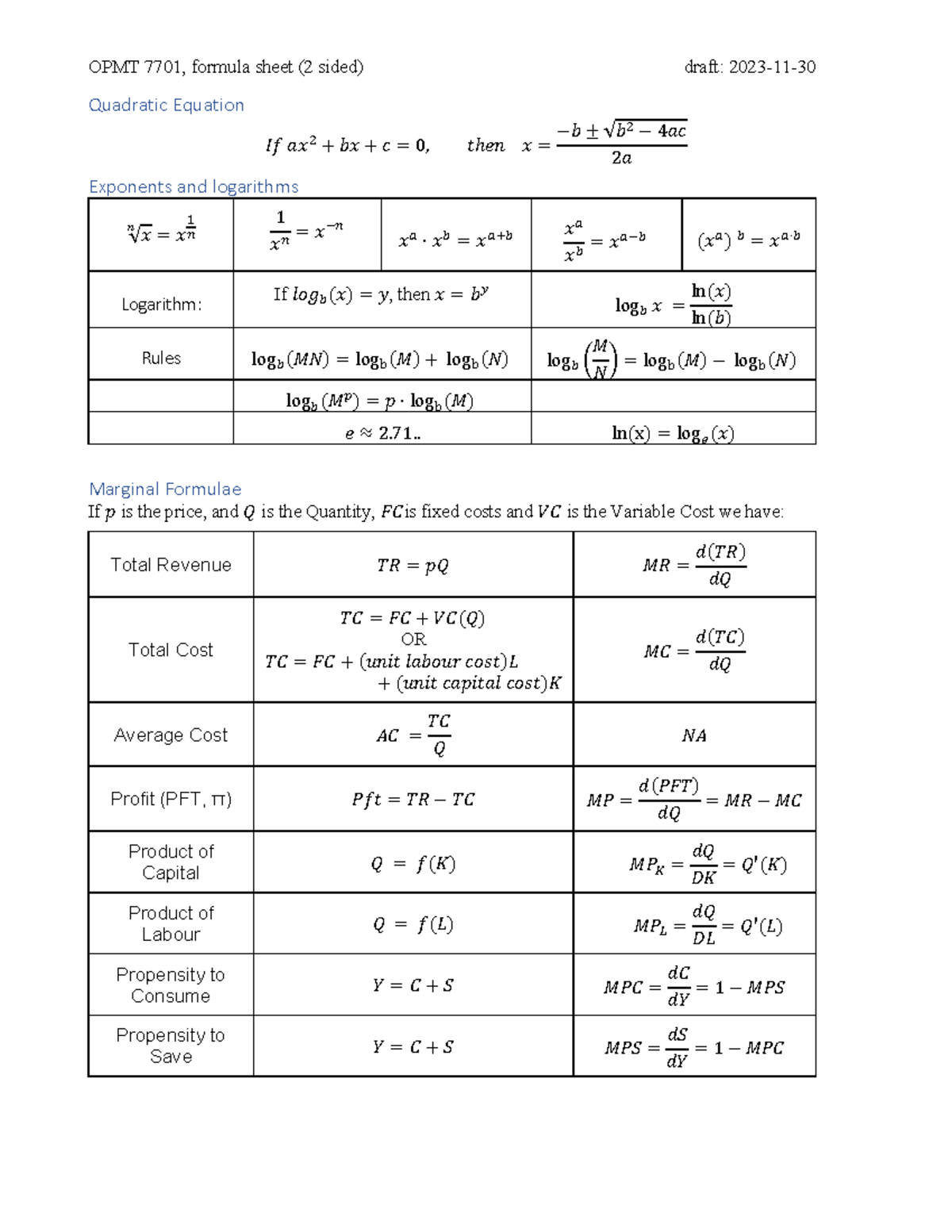 Formula Sheet for OPMT 7701 - Quadratic Equation 𝐼𝐼𝐼𝐼 𝑎𝑎𝑥𝑥 2 + 𝑏𝑏𝑥𝑥 ...