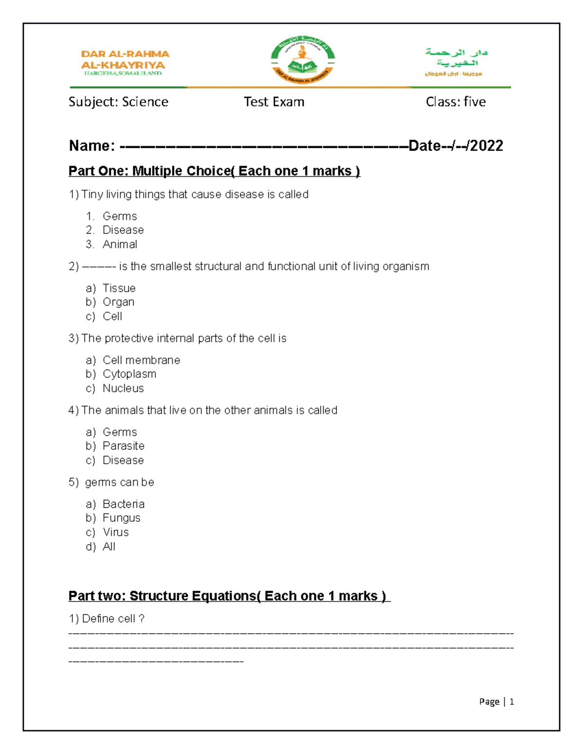 Class five - note - Subject: Science Test Exam Class: five Name: -Date ...