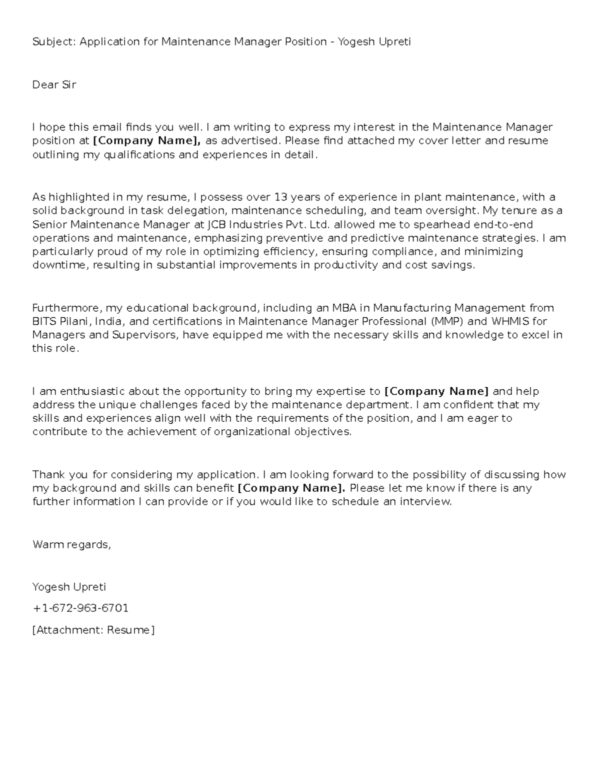 Mail Draft - Subject: Application for Maintenance Manager Position ...