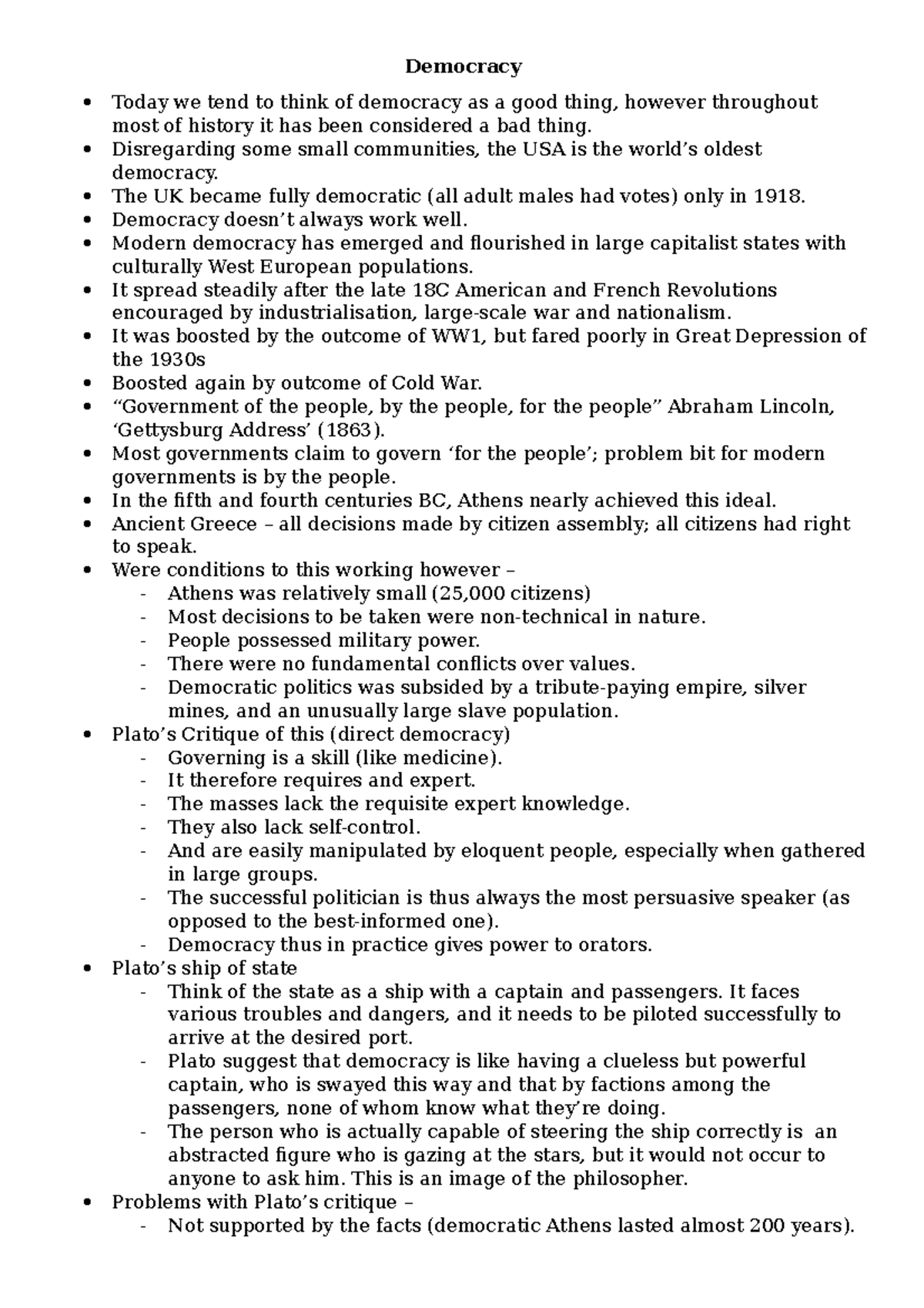 Democracy - Lecture notes 1 - Democracy Today we tend to think of ...