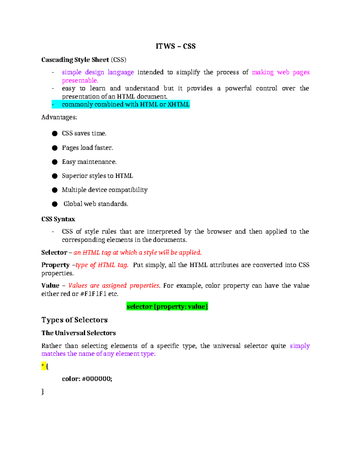 Reviewer-cssgdjsd - ITWS – CSS Cascading Style Sheet (CSS) - simple design language intended to ...