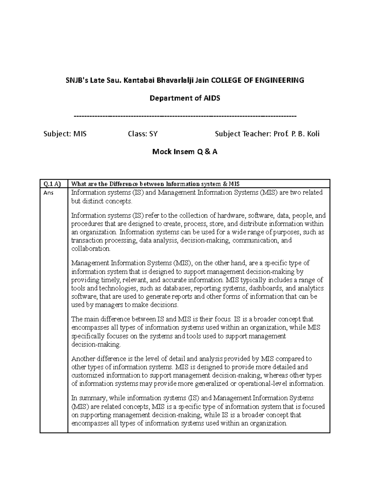 MIS Mock Insem 2022-23 Q&A - SNJB's Late Sau. Kantabai Bhavarlalji Jain ...