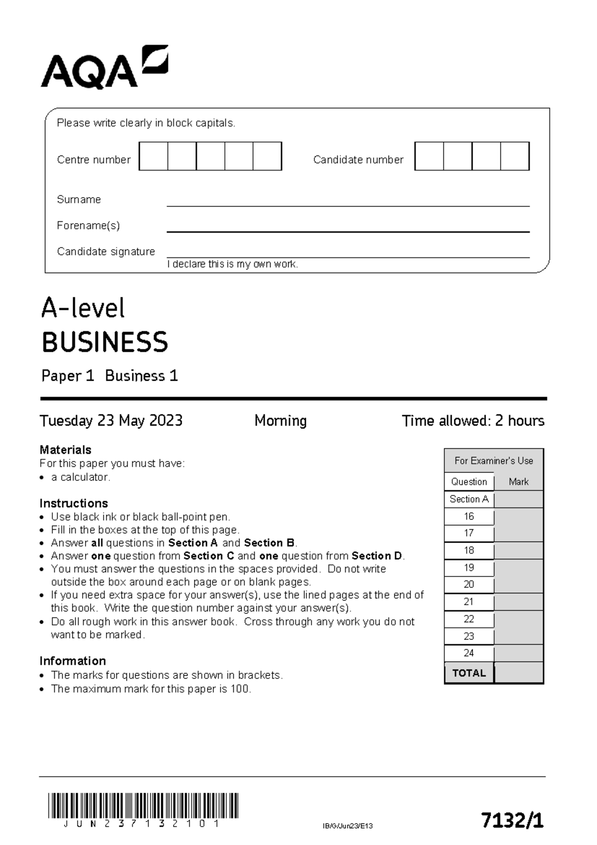 AQA A Level Business JUN23 QP1 - Jun237132101 IB/G/Jun23/E1 3 7132/ For ...