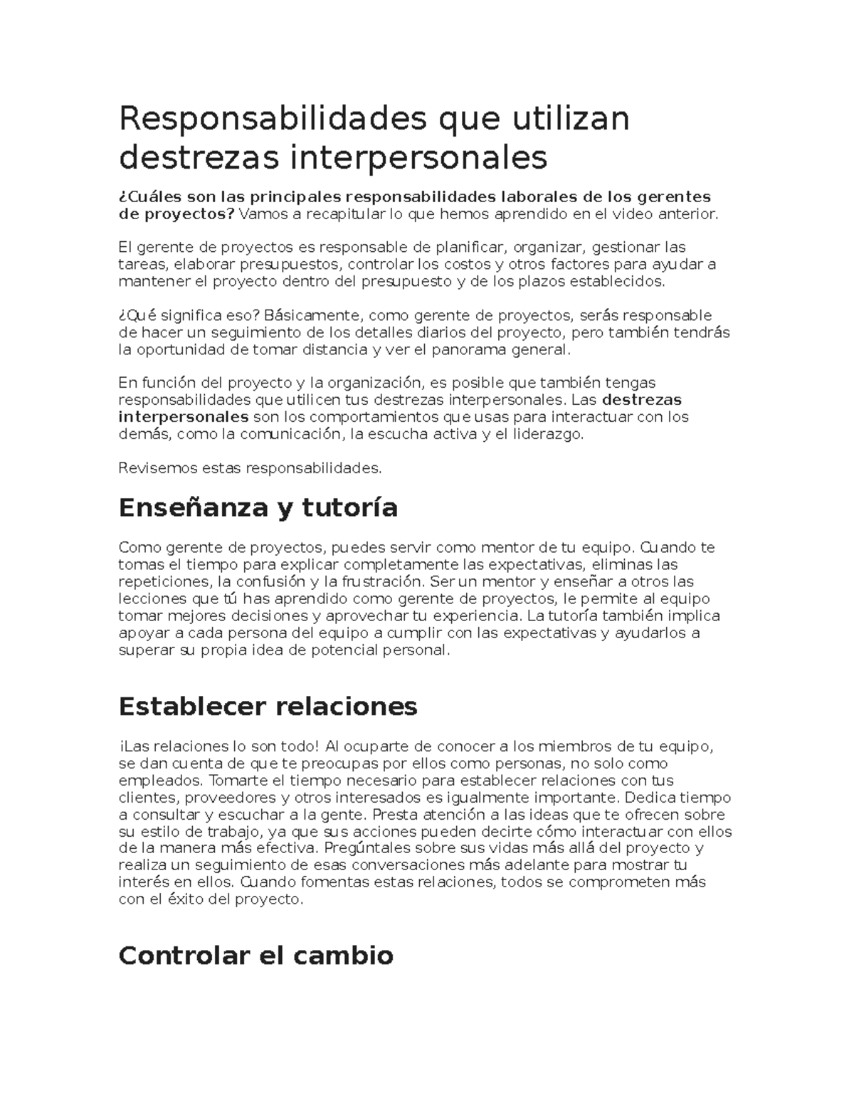 Responsabilidades que utilizan destrezas interpersonales ...