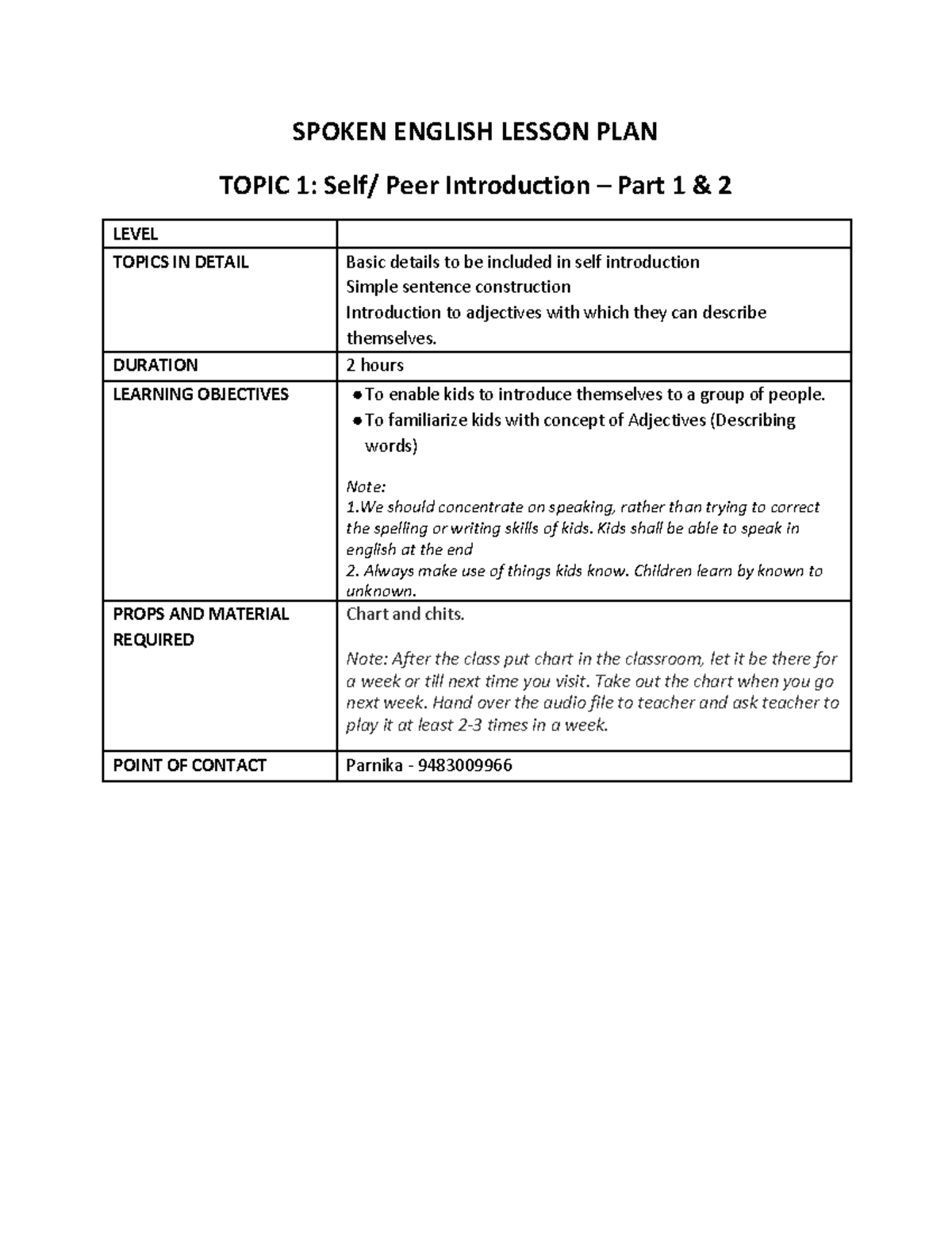 Lesson 1 Self or Peer Introduction - SPOKEN ENGLISH LESSON PLAN TOPIC 1 ...