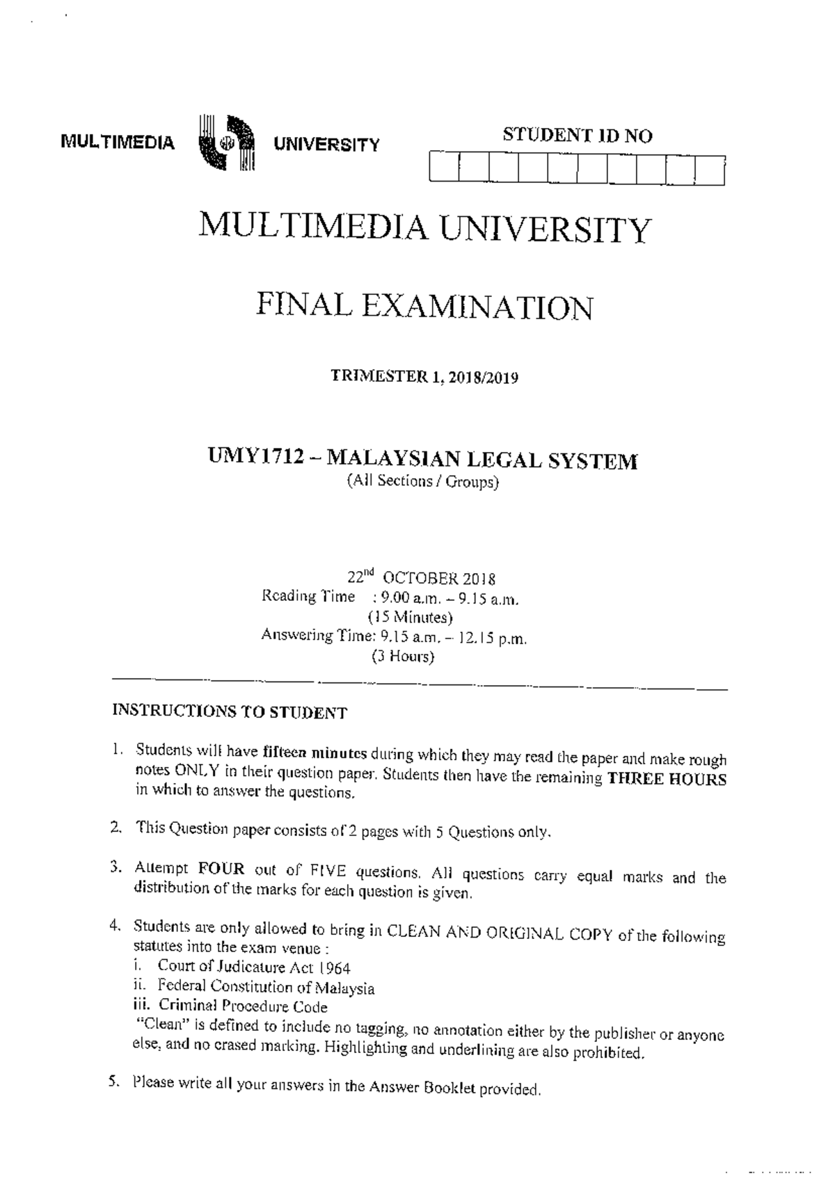 Exam 15 October 2018, questions - Malaysian Legal System - Studocu