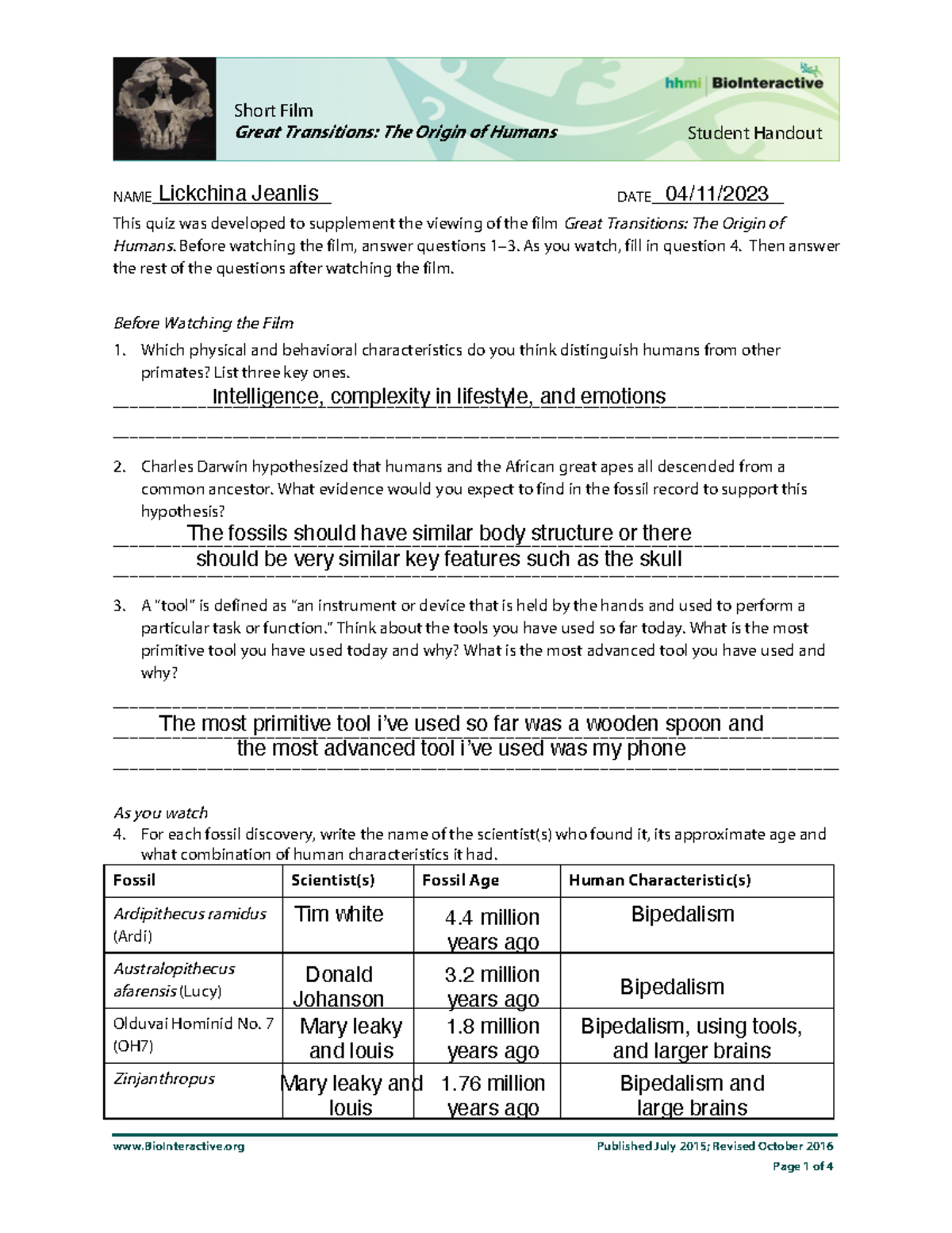 IDGQuiz-Origin-of-Humans - BioInteractive Published July 2015; Revised ...