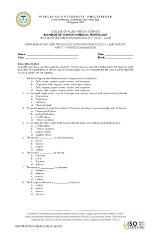 Preliminary Examination IN BB - COLLEGE OF ALLIED MEDICAL SCIENCES ...