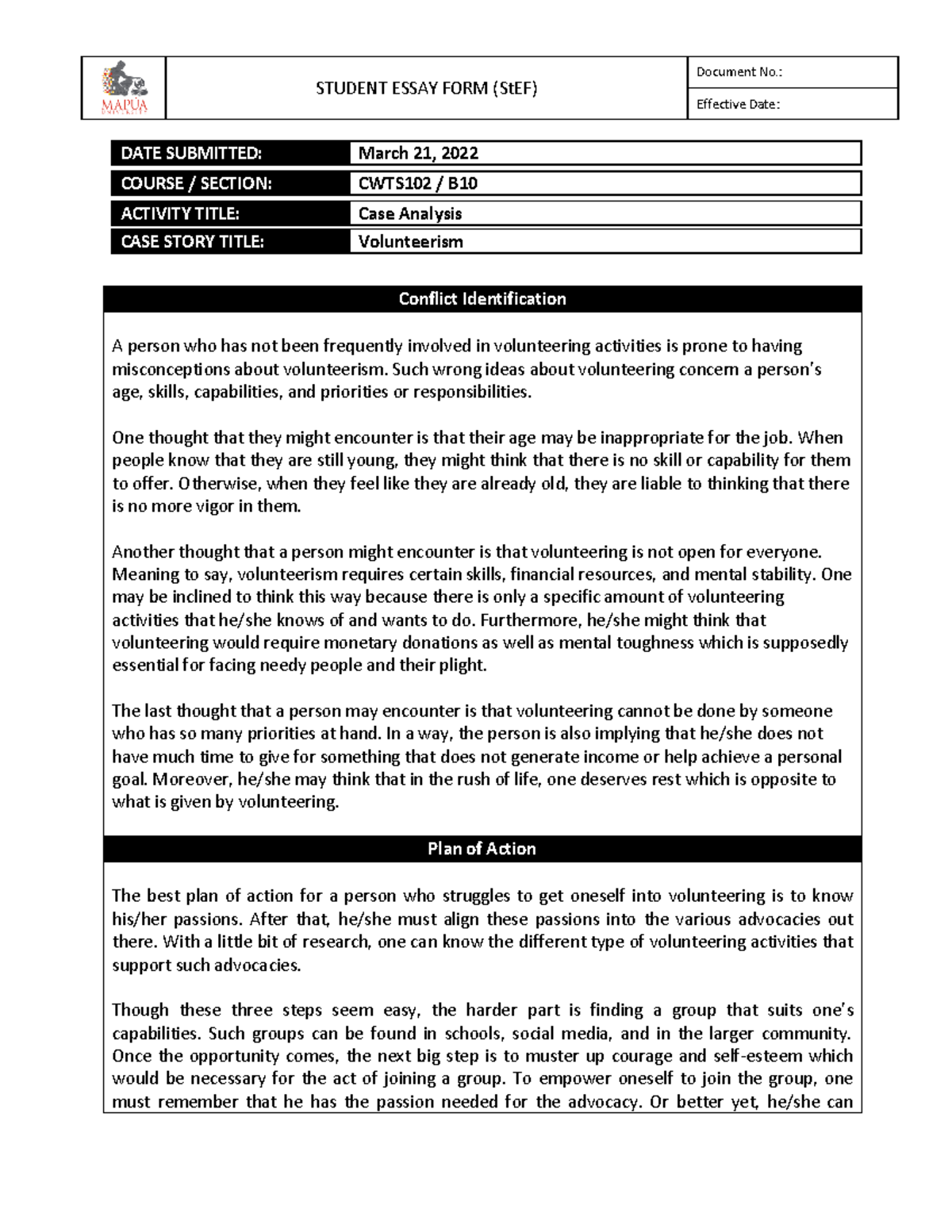 Tambalo - Case analysis Essay Volunteerism - STUDENT ESSAY FORM (StEF ...