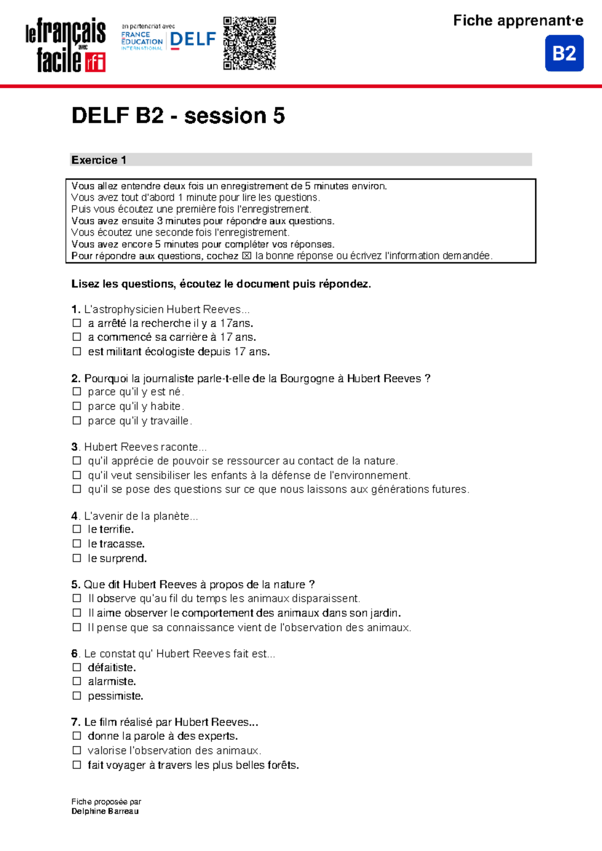 Delfb 2 session 5 apprenant - Fiche proposée par Delphine Barreau DELF ...