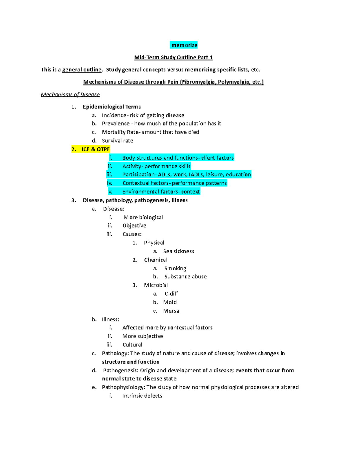 Clinical Conditions Mid-Term Study - memorize Mid-Term Study Outline ...