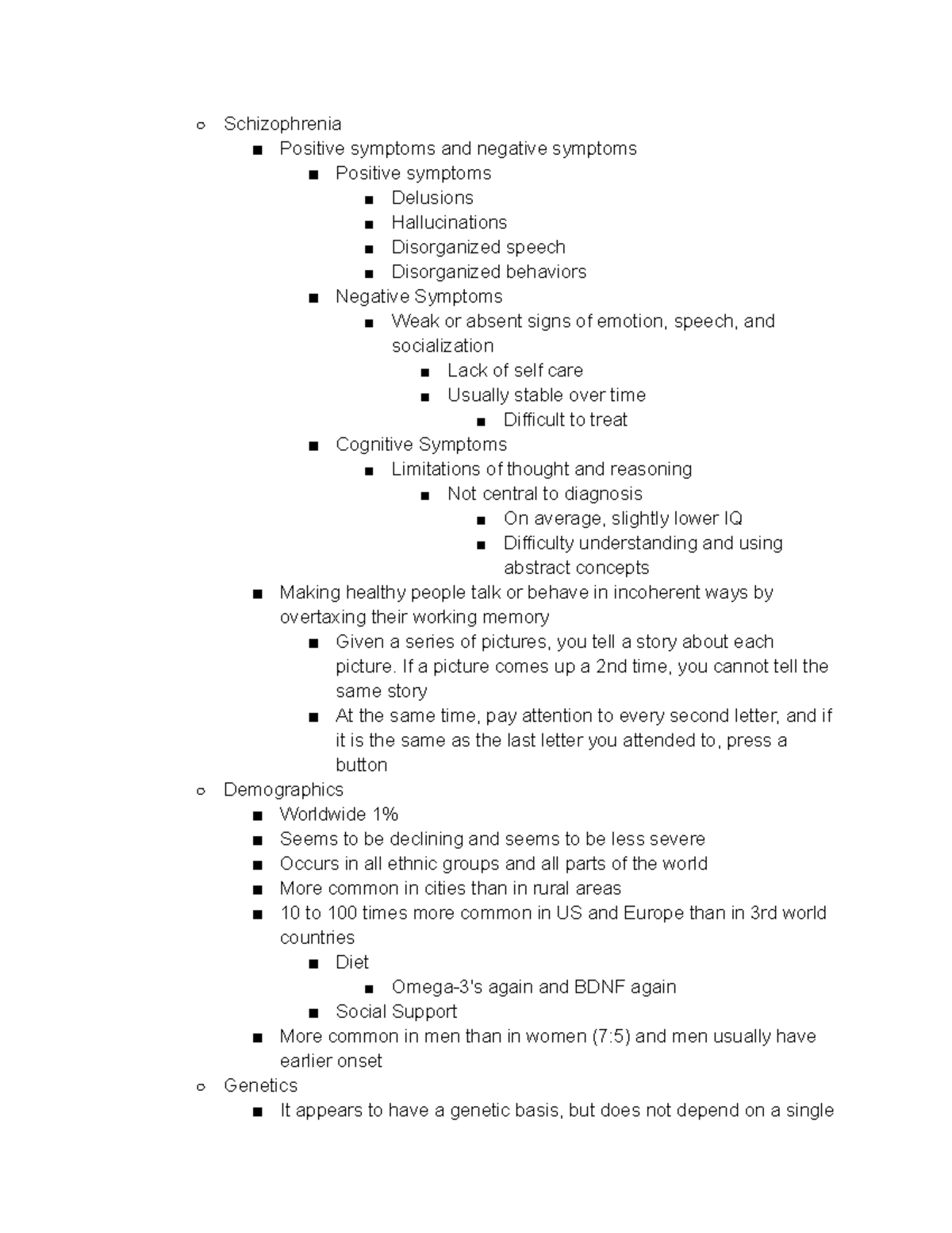 Schizophrenia - notes - Schizophrenia Positive symptoms and negative ...