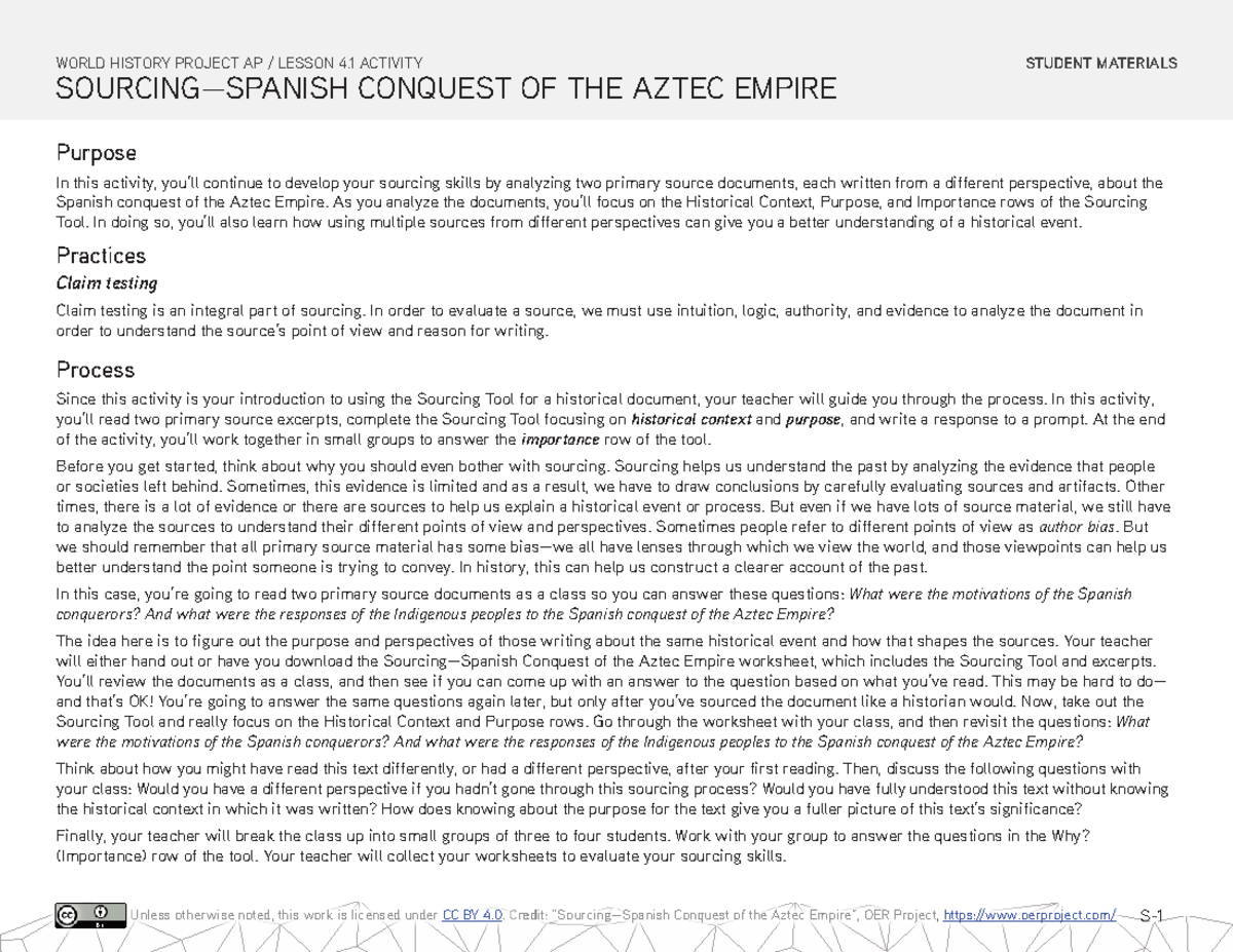 Whpap 414 Activity Sourcing Spanish Conquest Student - SOURCING—SPANISH ...