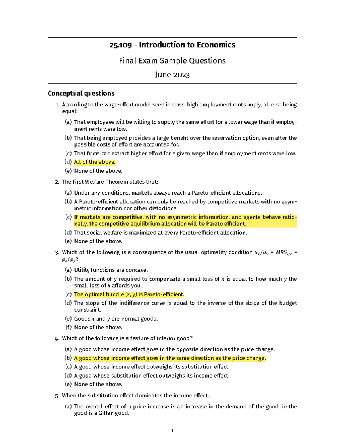 Final Exam - Sample without solutions - 25 - Introduction to Economics Final Exam Sample ...
