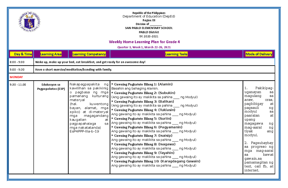 Grade 4 ALL Subjects WHLP Q3 W1 - Weekly Home Learning Plan for Grade 4 Quarter 3, Week 1, March ...