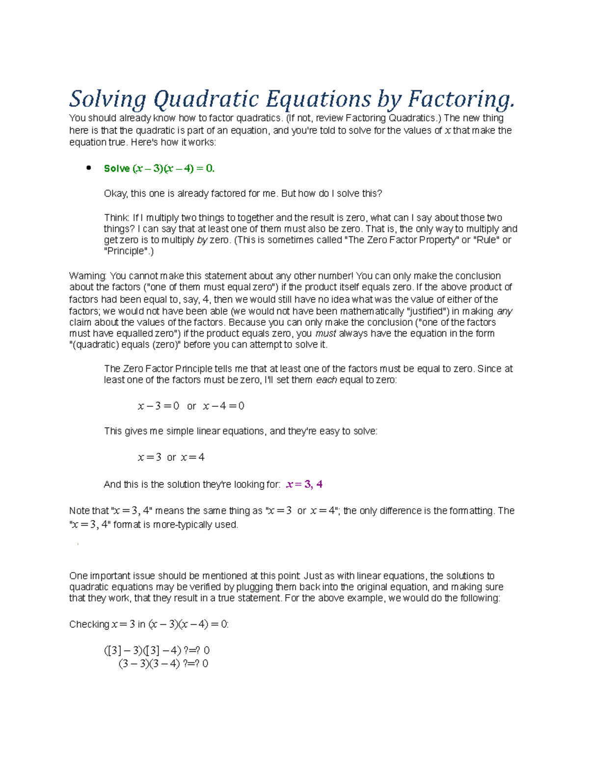 Lecture 29. Solving Quadratic Equations by Factoring - Solving ...