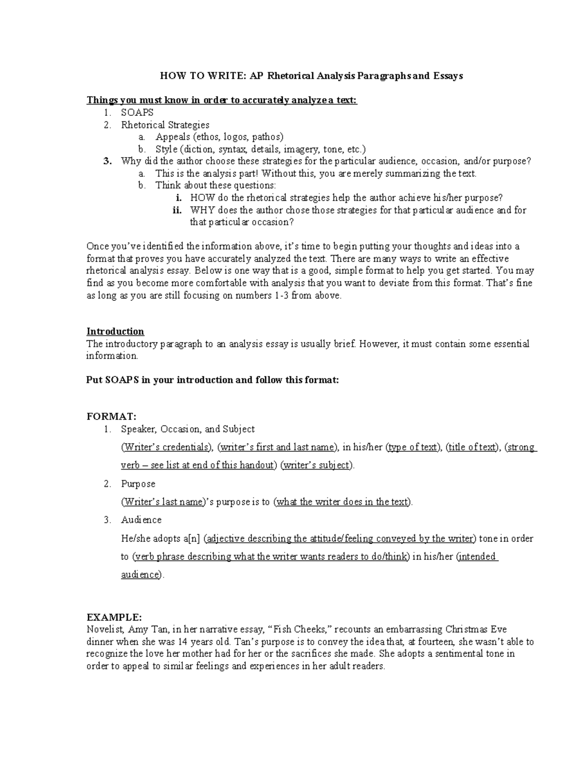 AP Language Rhetorical Analysis Setup Resource - HOW TO WRITE: AP ...