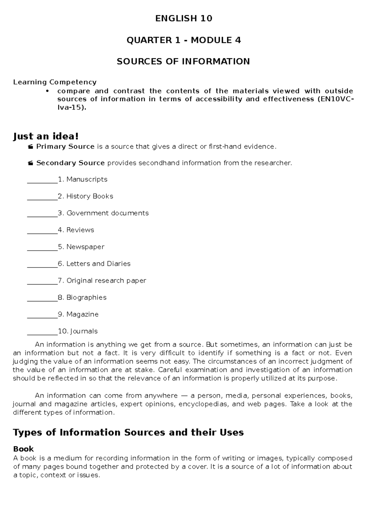 English 10 LAS Modules 4-5 - ENGLISH 10 QUARTER 1 - MODULE 4 SOURCES OF ...