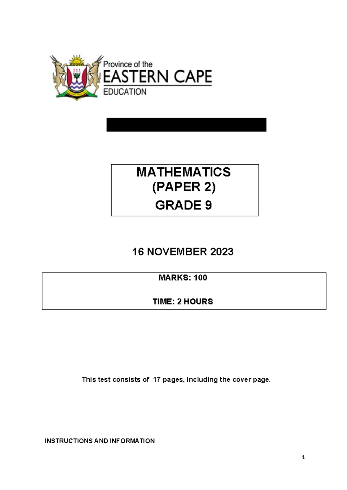## Mathematics Paper 2 GR 9 2023 2 - AMATHOLE EAST DISTRICT MATHEMATICS ...