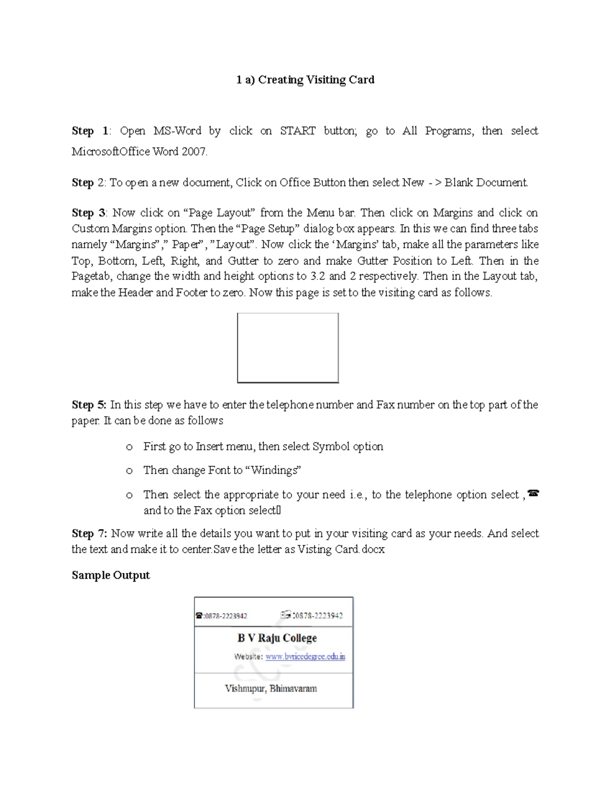 MS word - lab work - 1 a) Creating Visiting Card Step 1 : Open MS-Word ...