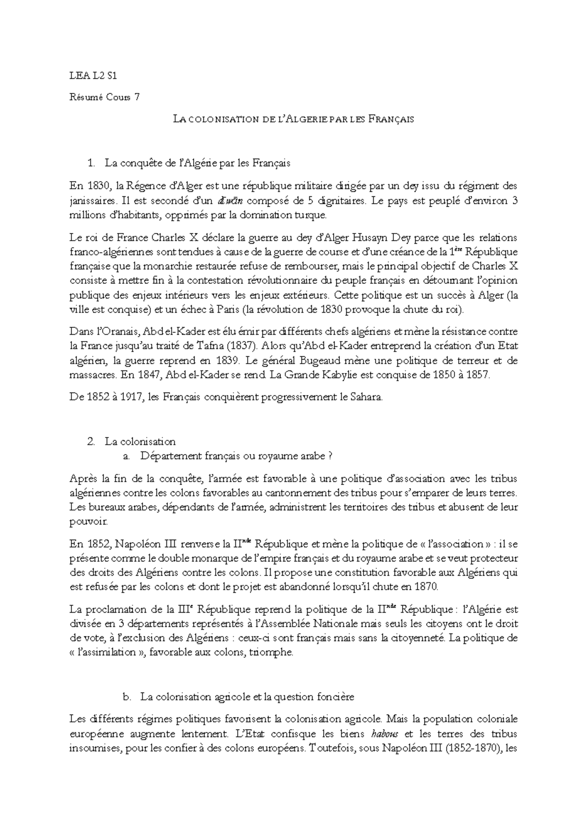 Résumé cours 7 Colonisation Algérie - LEA L2 S Résumé Cours 7 LA COLONISATION DE L’ALGERIE PAR ...