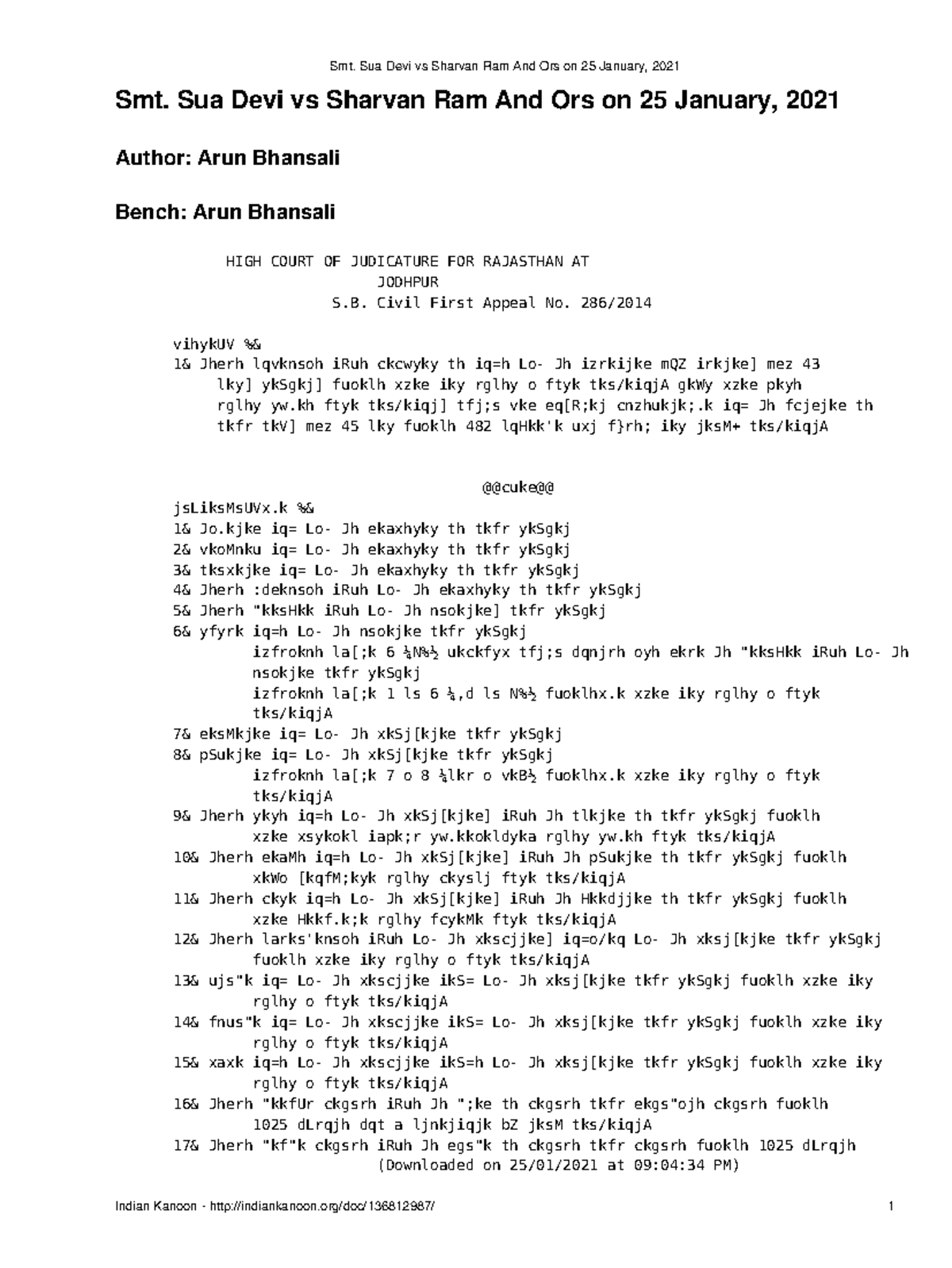 Smt Sua Devi vs Sharvan Ram And Ors on 25 January 2021 - Smt. Sua Devi vs Sharvan Ram And Ors on ...