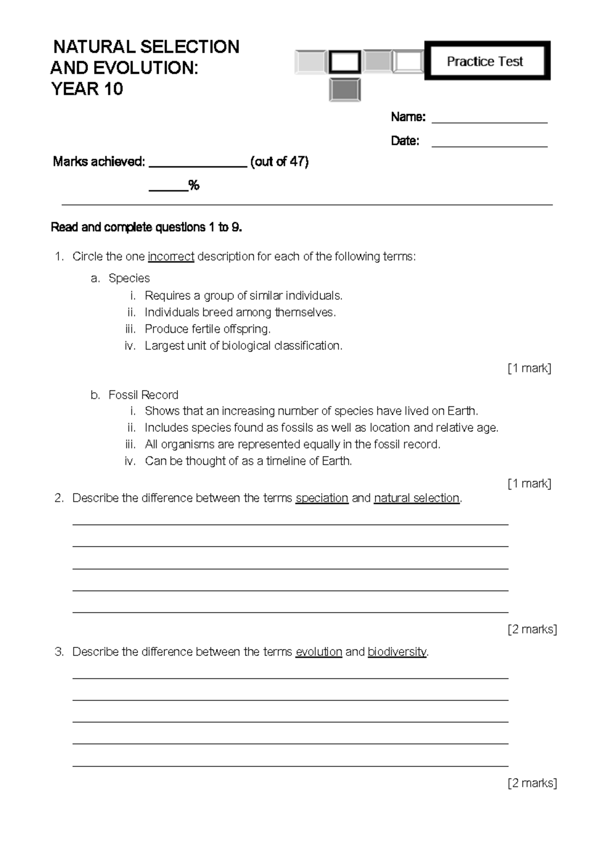Year10Natural Selectionand Evolution Practice Test-1 - NATURAL ...