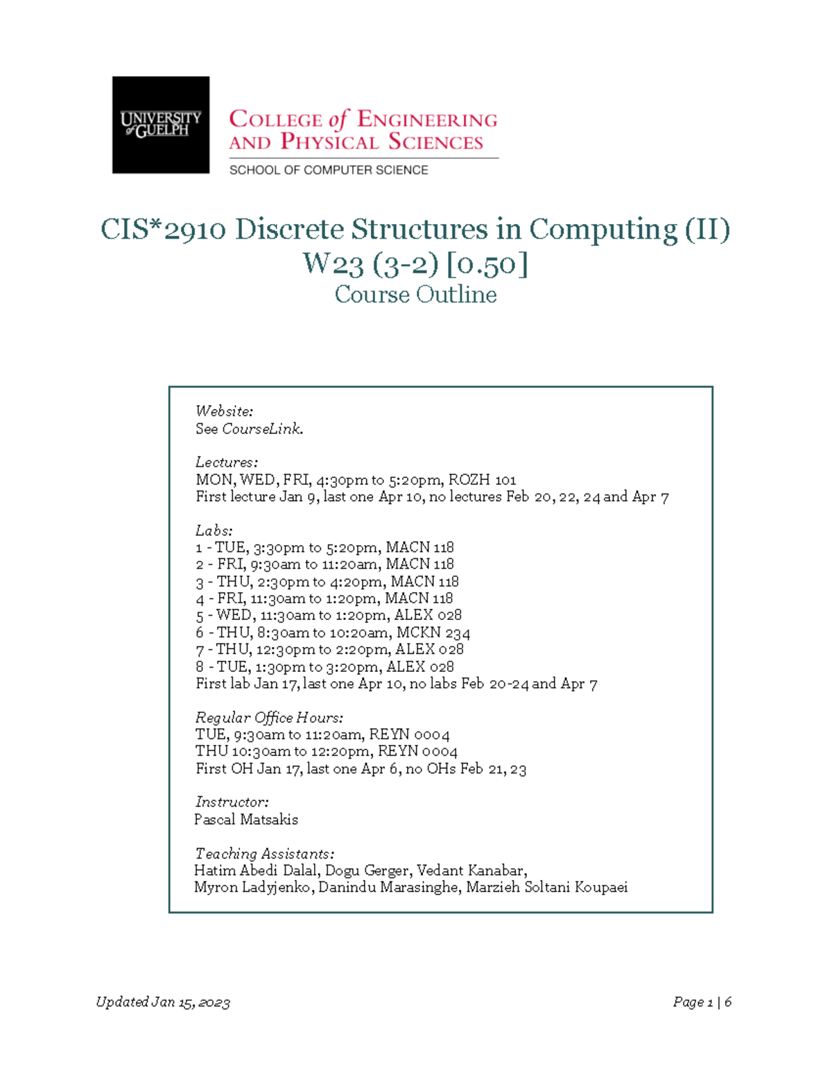 Course Outline For 2910 Cis2910 Discrete Structures In Computing Ii W23 3 2 0 Course