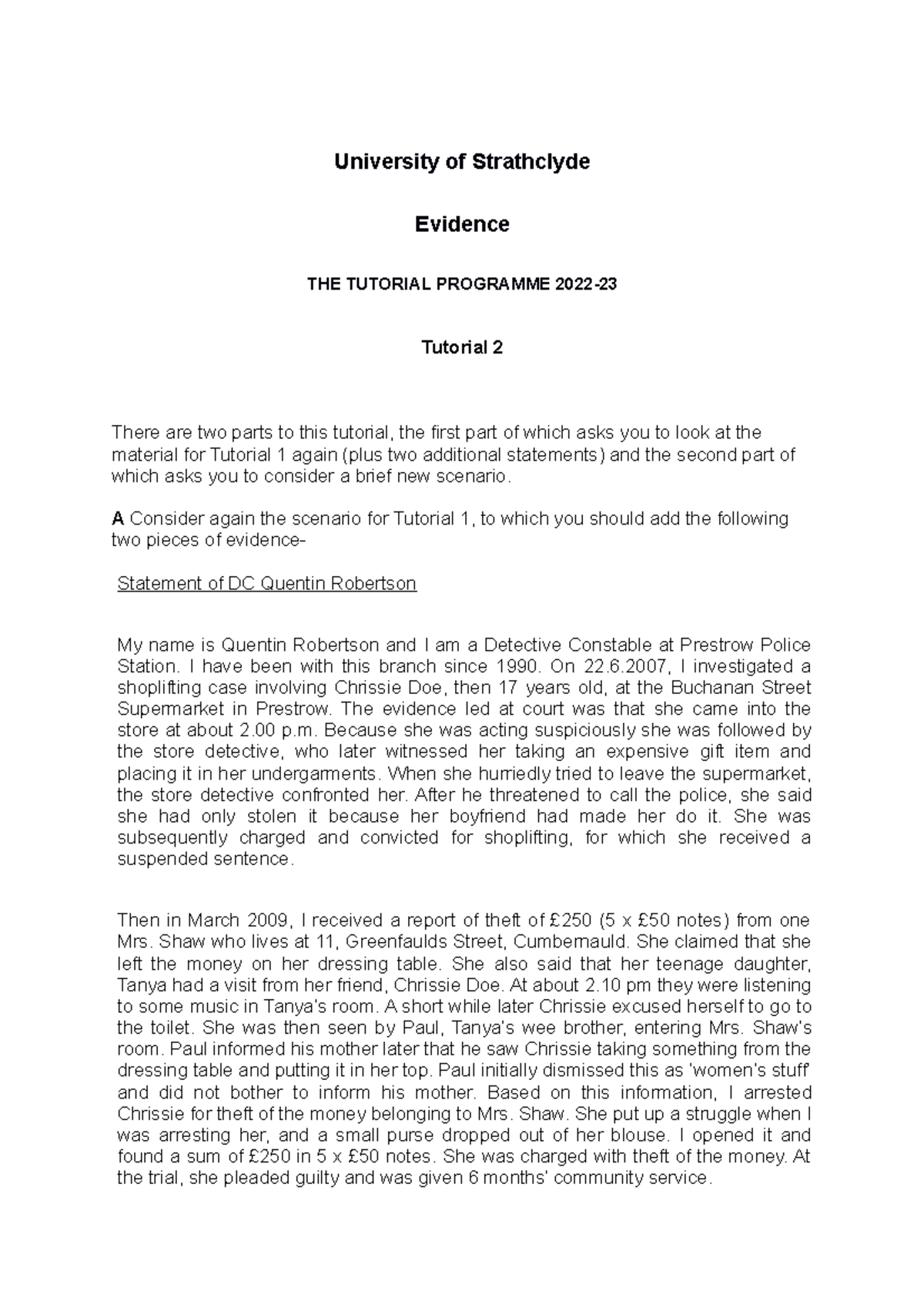 Evidence - Tutorial 2 - University of Strathclyde Evidence THE TUTORIAL ...