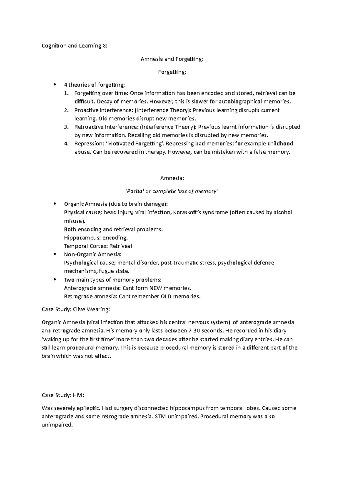 Cognition and Learning Revision Notes 8 - Cognition and Learning 8 ...