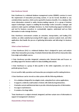 sums chapter 1 DWM - Module 1: Exercise Question with answers Q1. A data warehouse is - Studocu