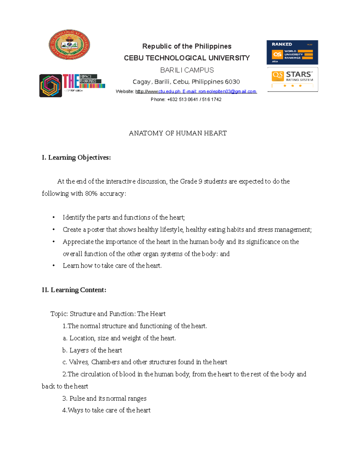 Lesson Plan ( Anatomy of Human Heart) - Republic of the Philippines ...