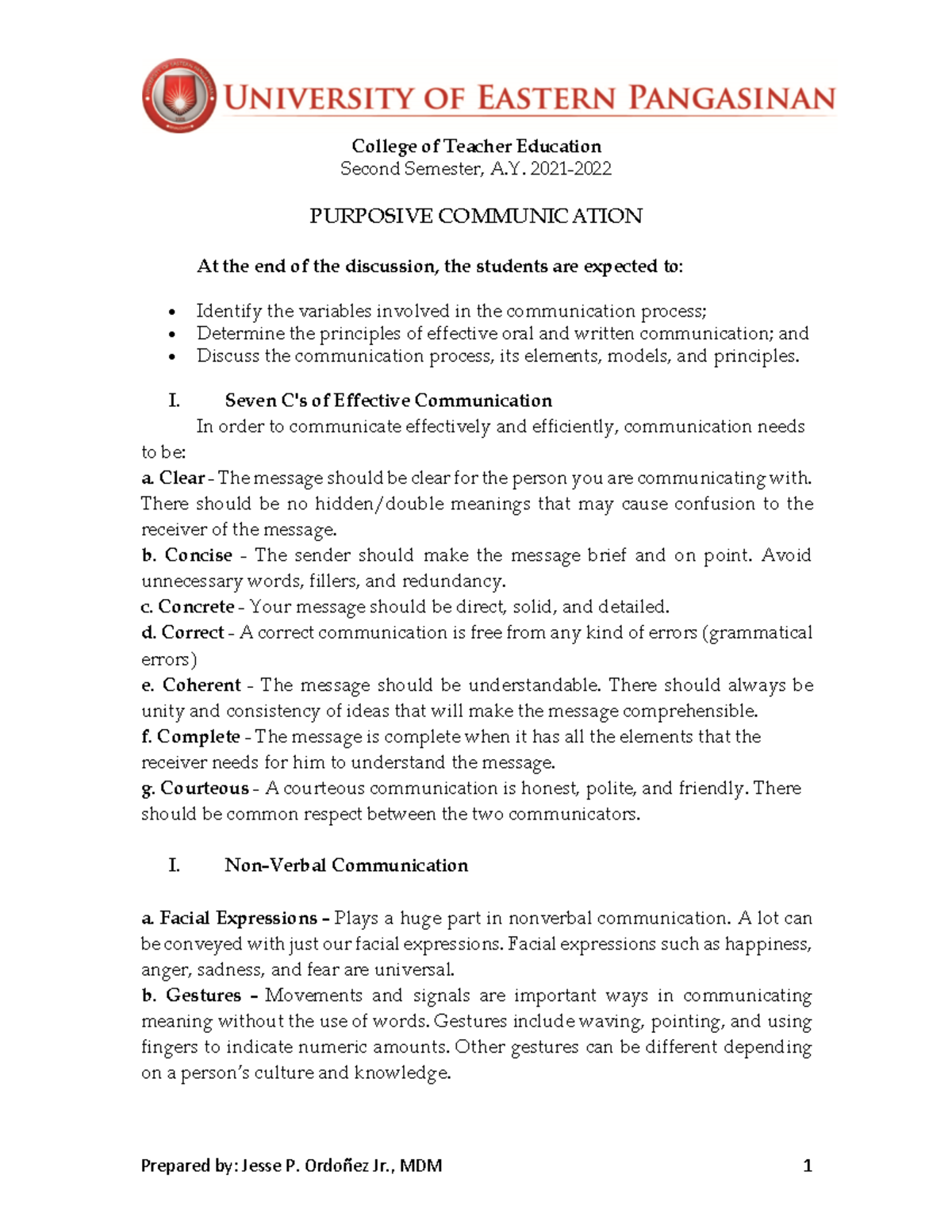 Ge5 Lecture Notes 2 Purposive Communication College Of Teacher