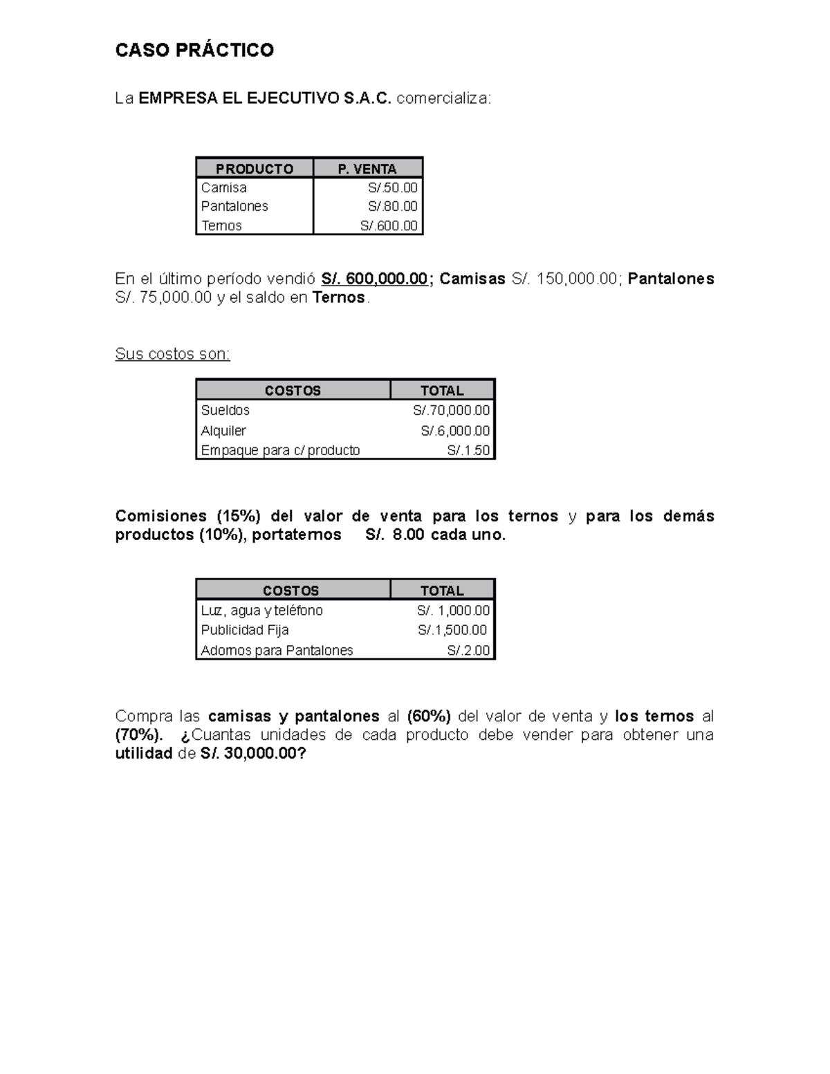 Casos Punto De Quilibrio Uno Y Mas Productos CASO La EMPRESA EL