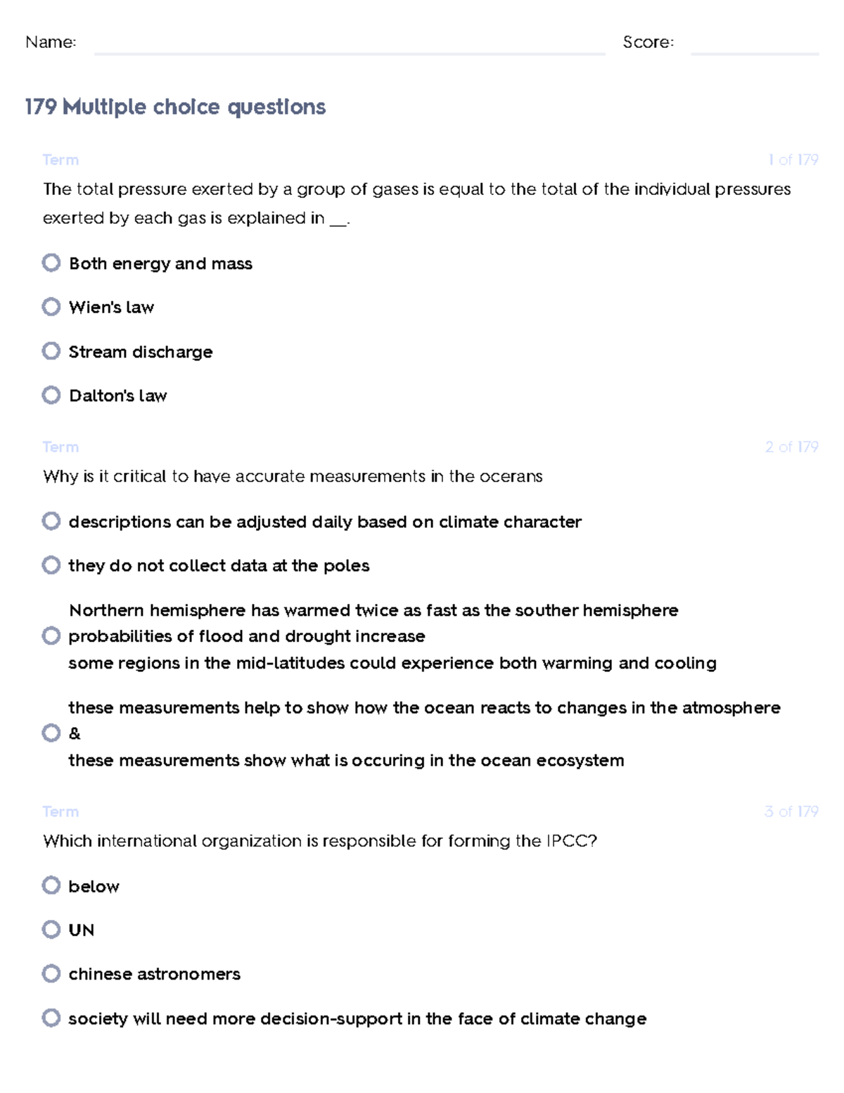 ENV-201 final exam Quizlet - Name: Score: 179 Multiple choice questions ...